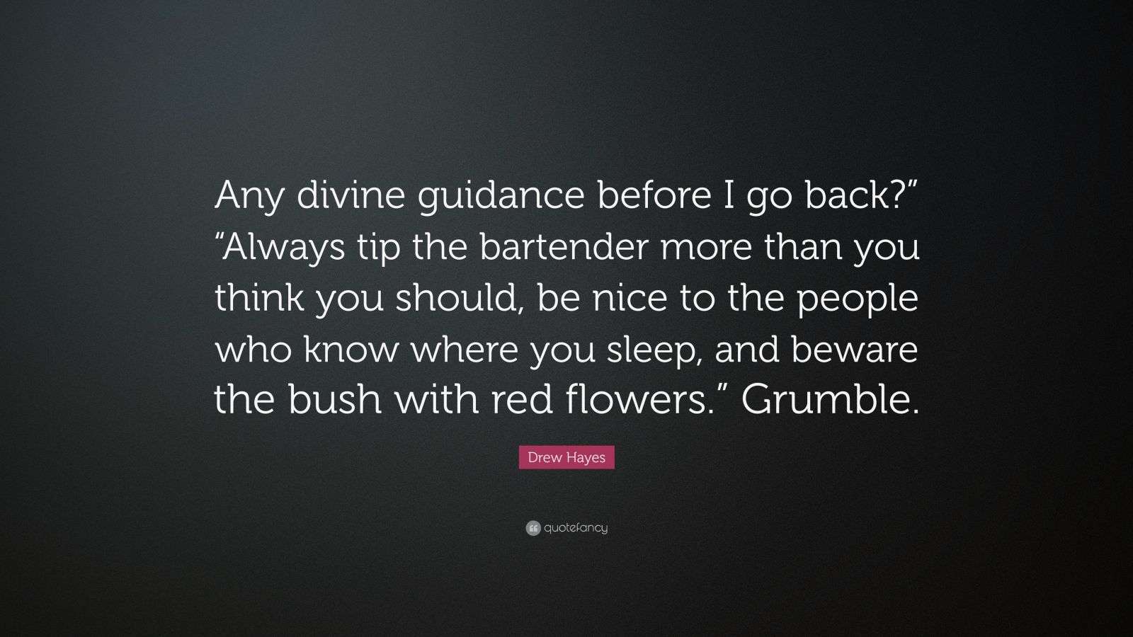 Drew Hayes Quote: “Any divine guidance before I go back?” “Always tip ...