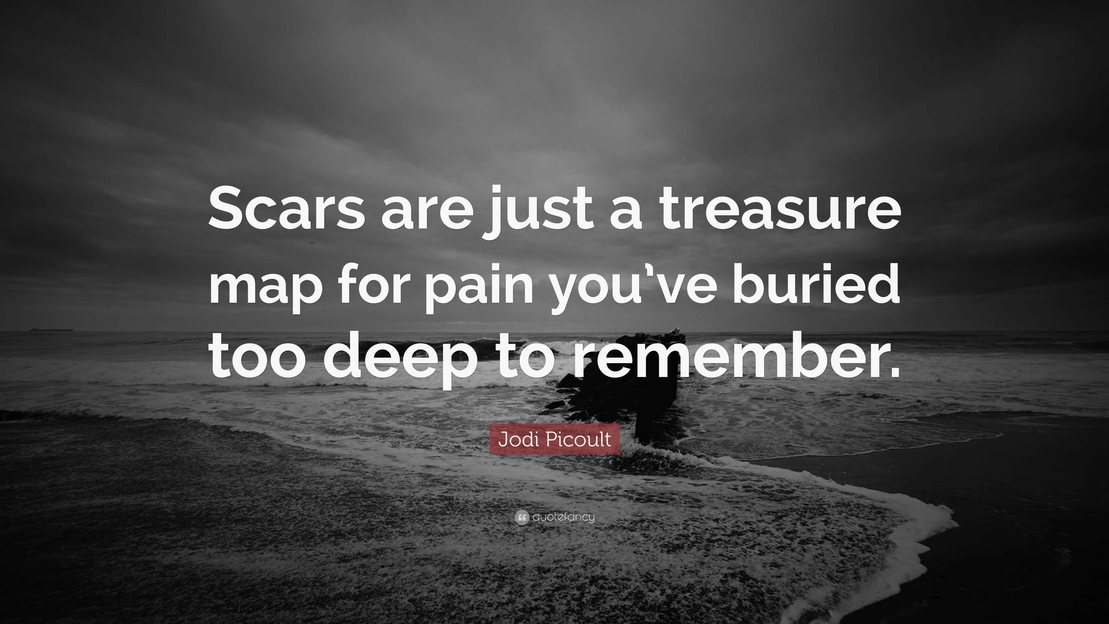 Jodi Picoult Quote: “Scars are just a treasure map for pain you’ve ...
