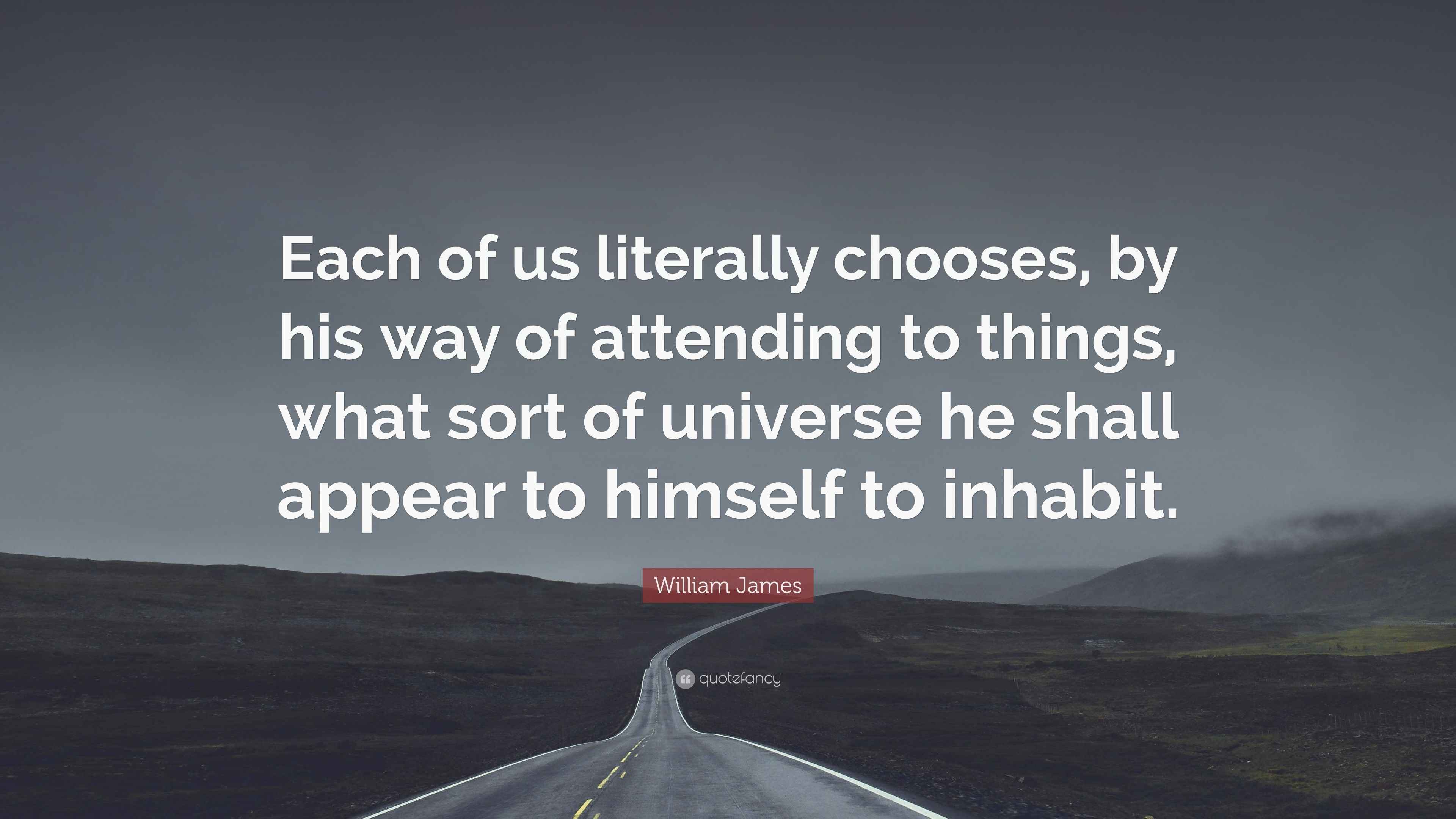 William James Quote: “Each of us literally chooses, by his way of ...