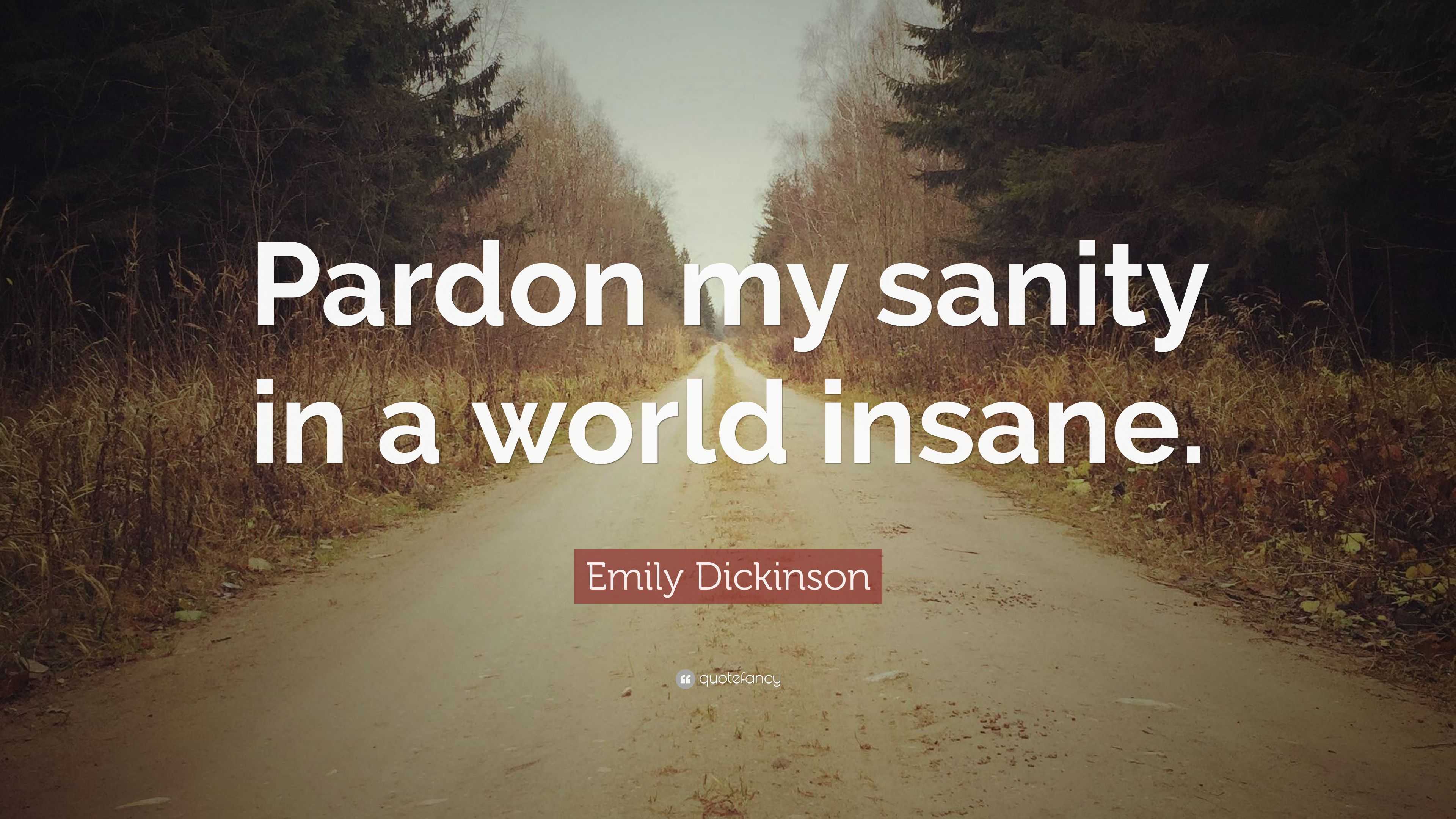 Emily Dickinson Quote: “Pardon my sanity in a world insane.”
