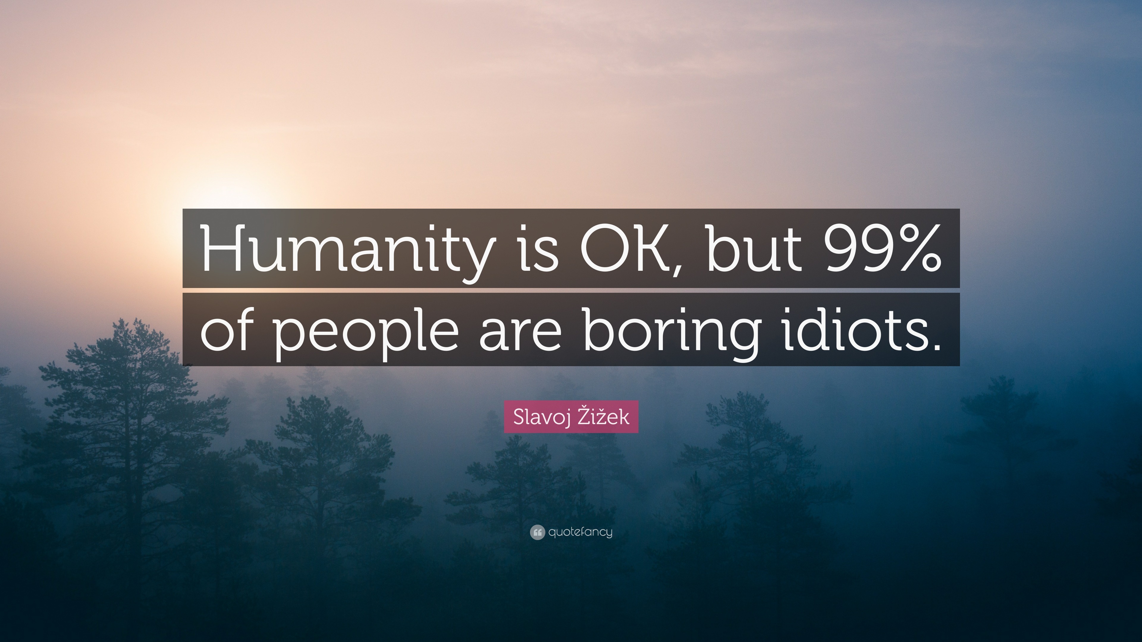 Slavoj Žižek Quote: “Humanity is OK, but 99% of people are boring idiots.”