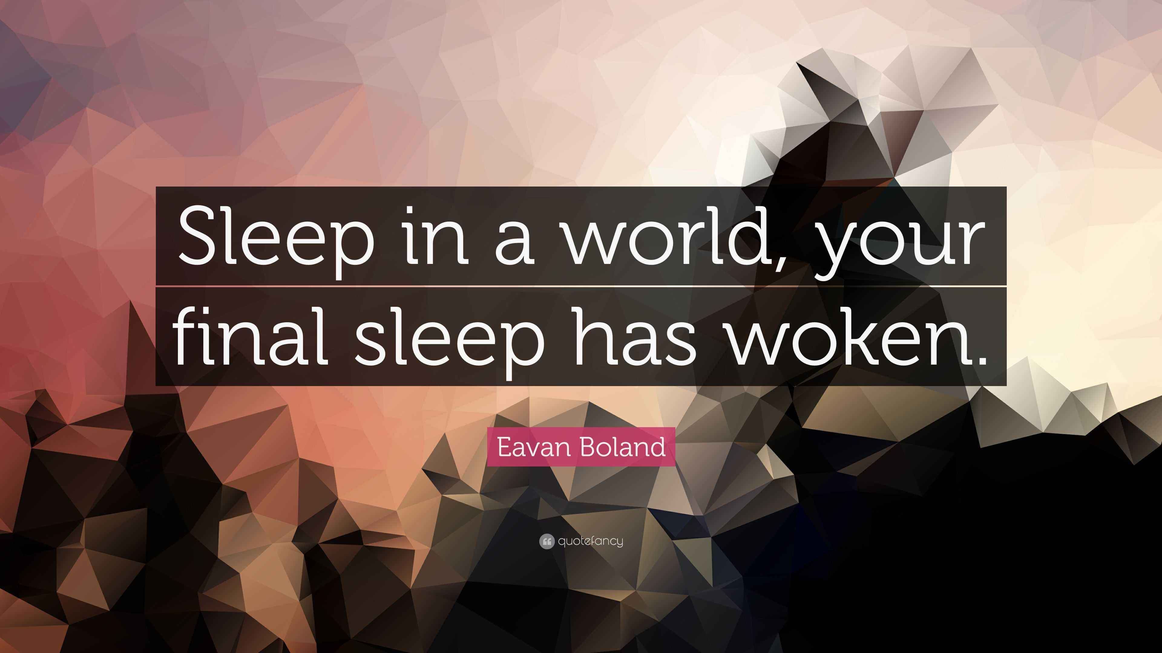 Eavan Boland Quote: “Sleep in a world, your final sleep has woken.”