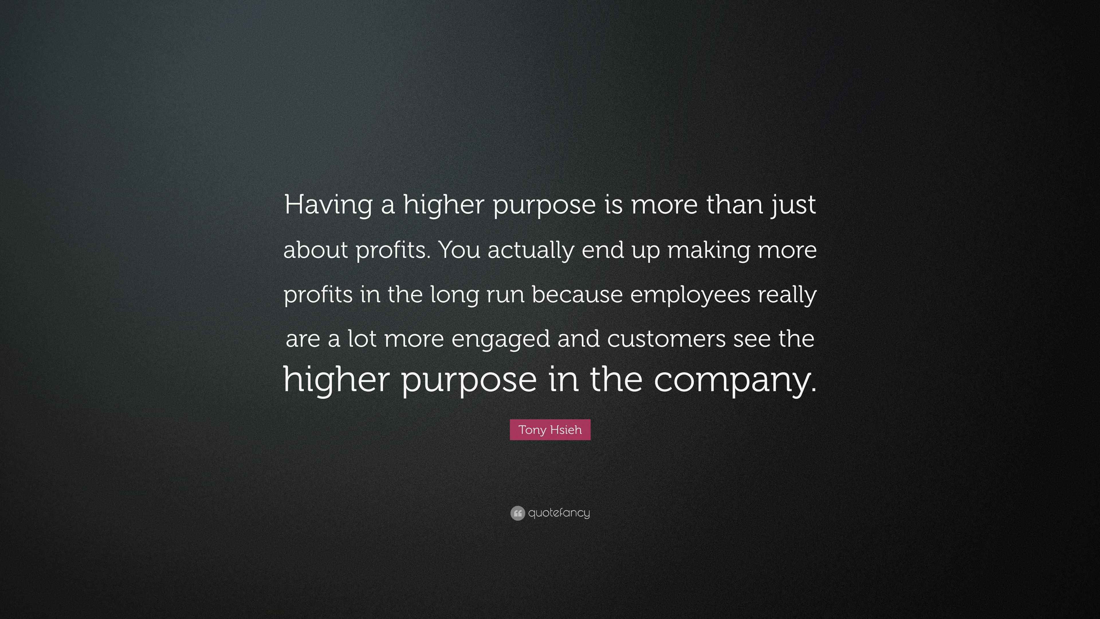 Tony Hsieh Quote: “Having a higher purpose is more than just about ...