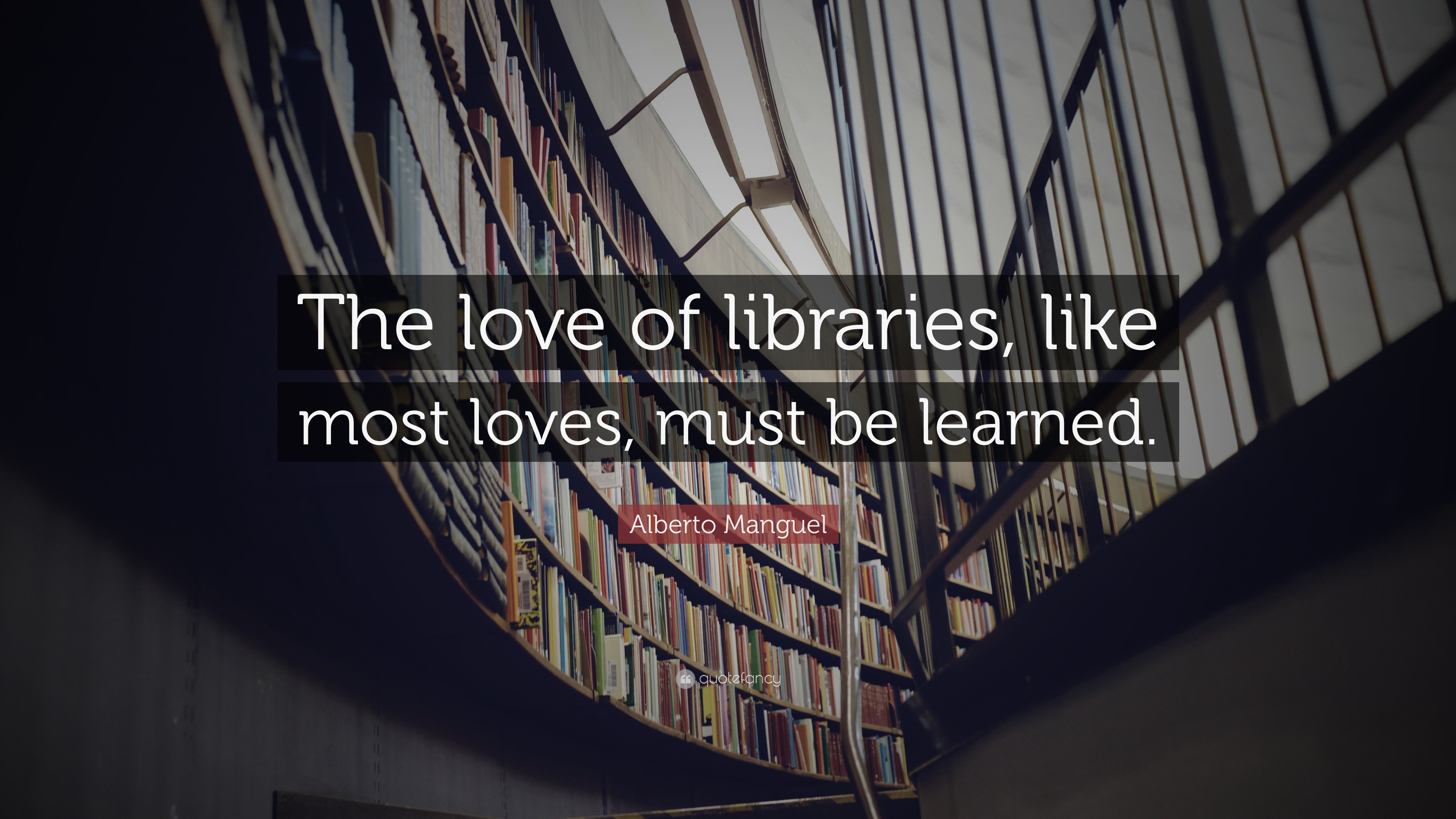 Alberto Manguel Quote: “The love of libraries, like most loves, must be ...