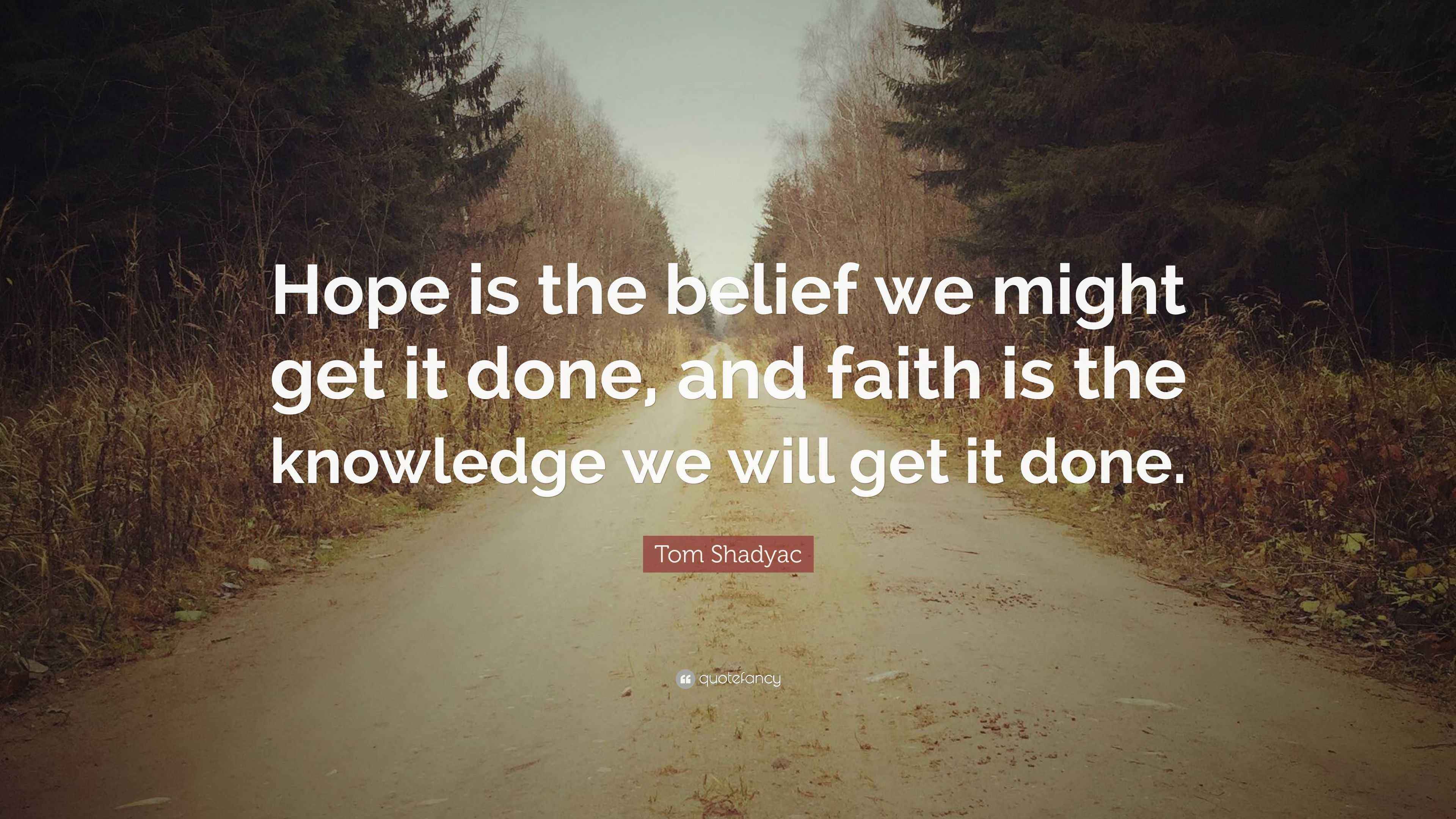 Tom Shadyac Quote: “Hope is the belief we might get it done, and faith ...