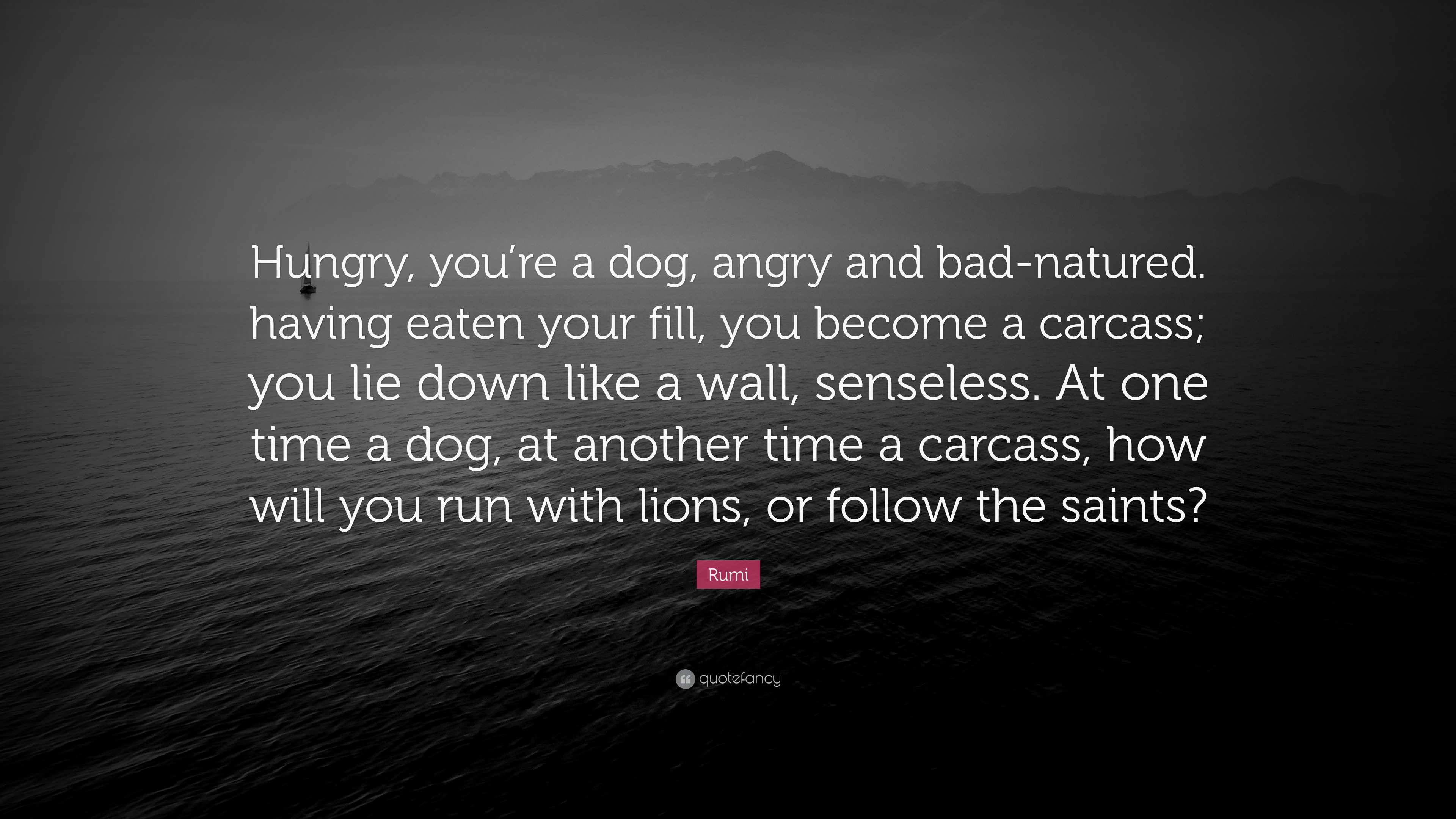 Rumi Quote: “Hungry, you’re a dog, angry and bad-natured. having eaten ...