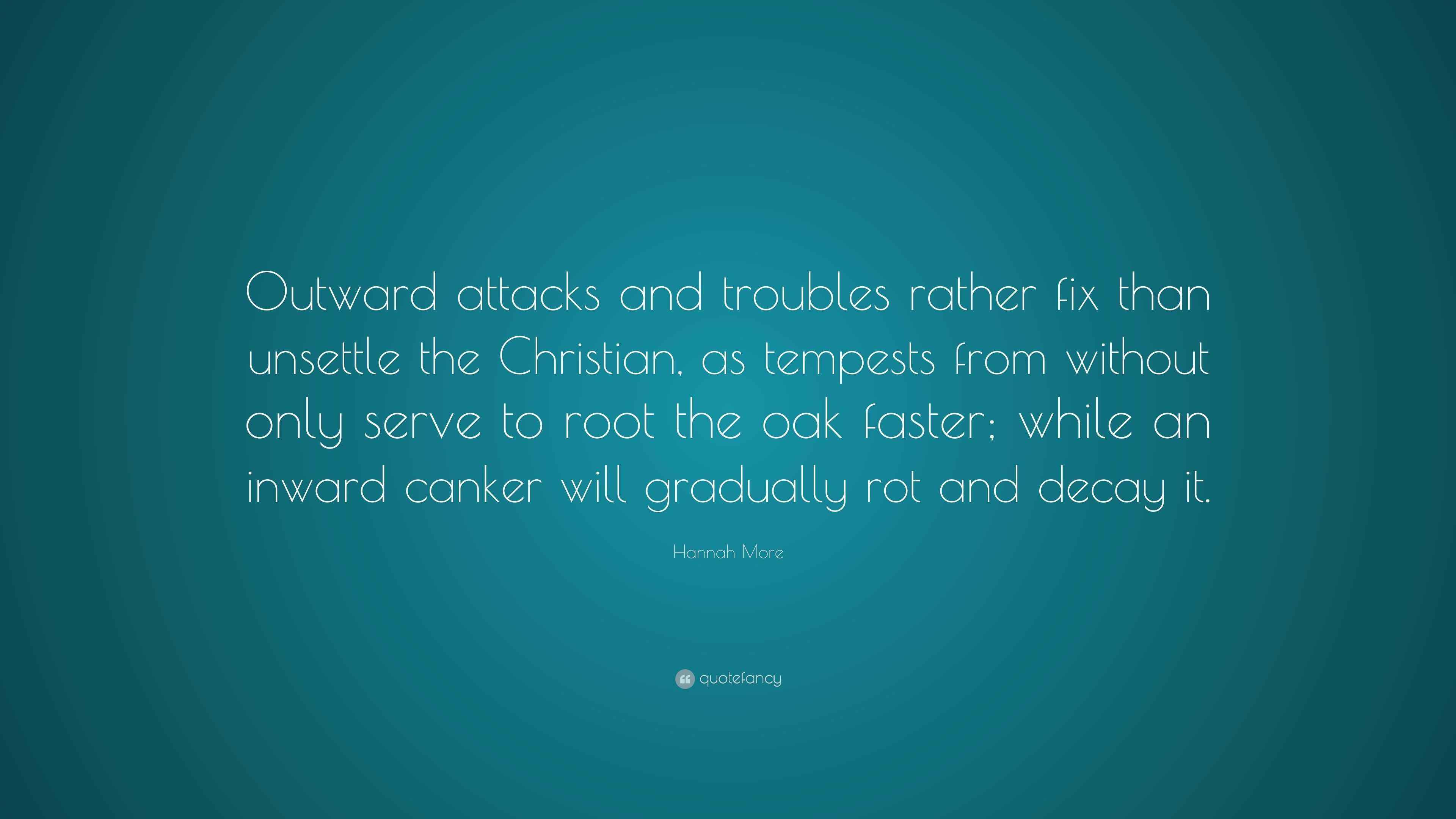 Hannah More Quote: “Outward attacks and troubles rather fix than ...