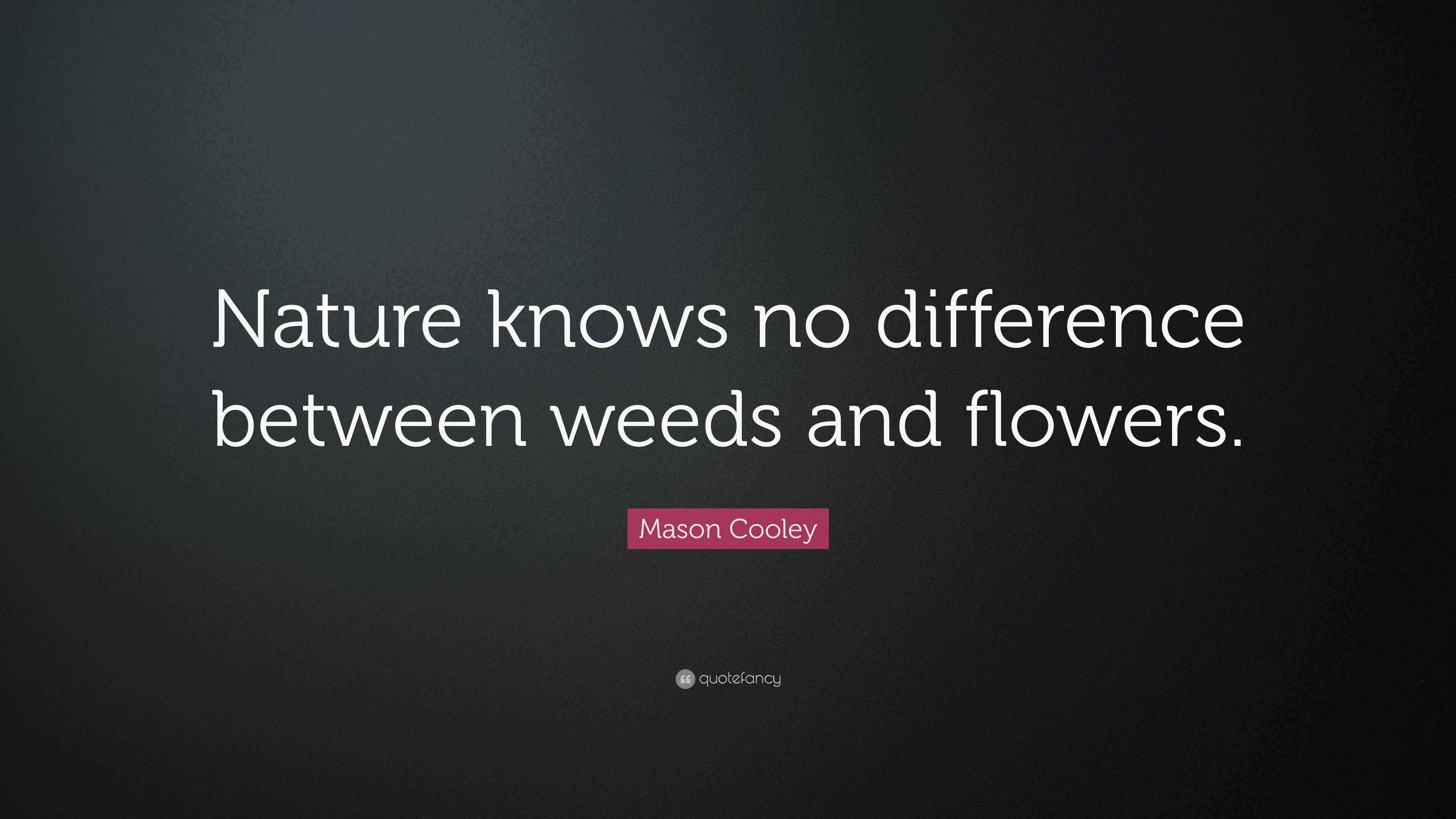 Mason Cooley Quote: “Nature knows no difference between weeds and flowers.”
