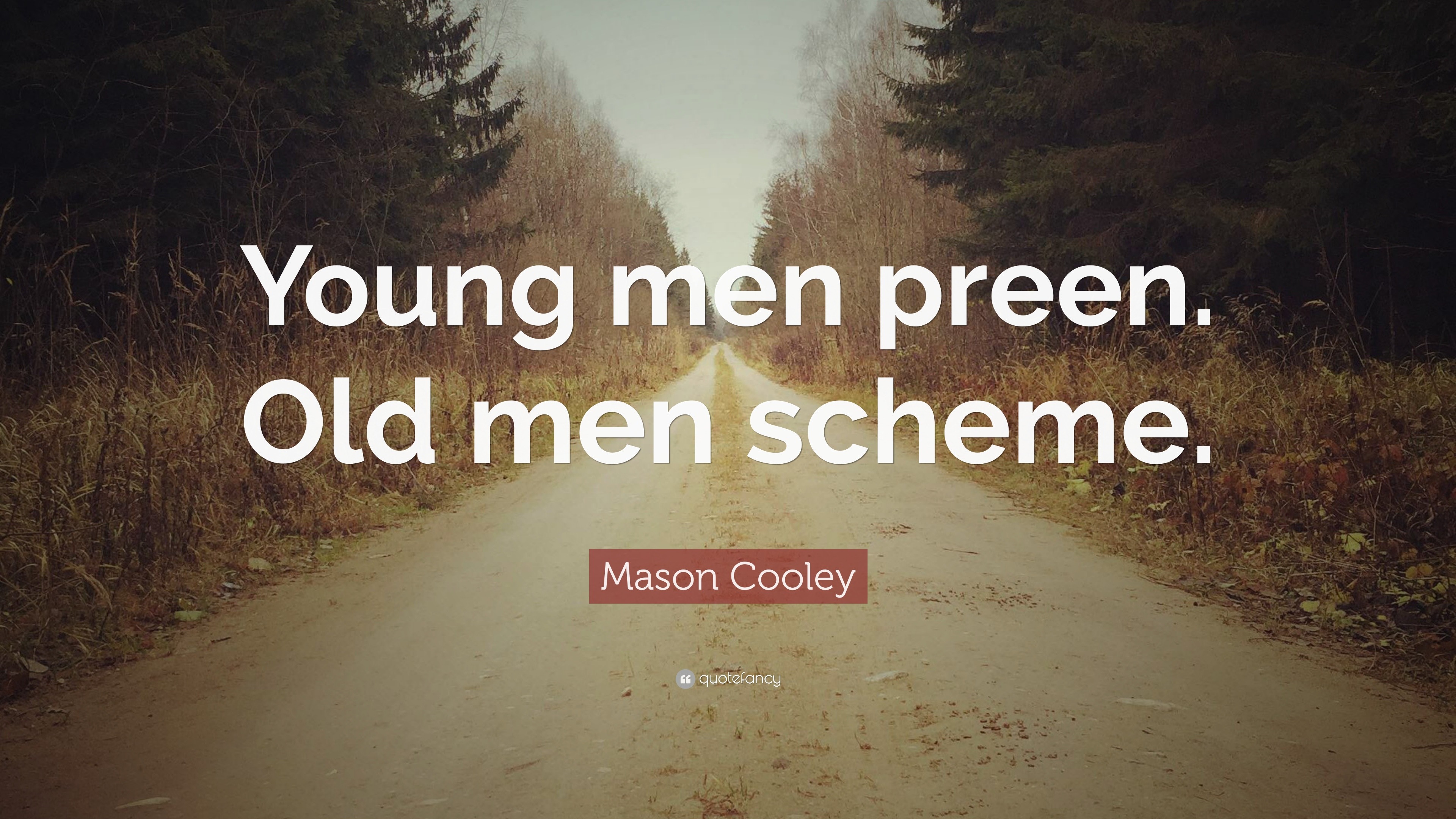 Mason Cooley Quote: “Young men preen. Old men scheme.”