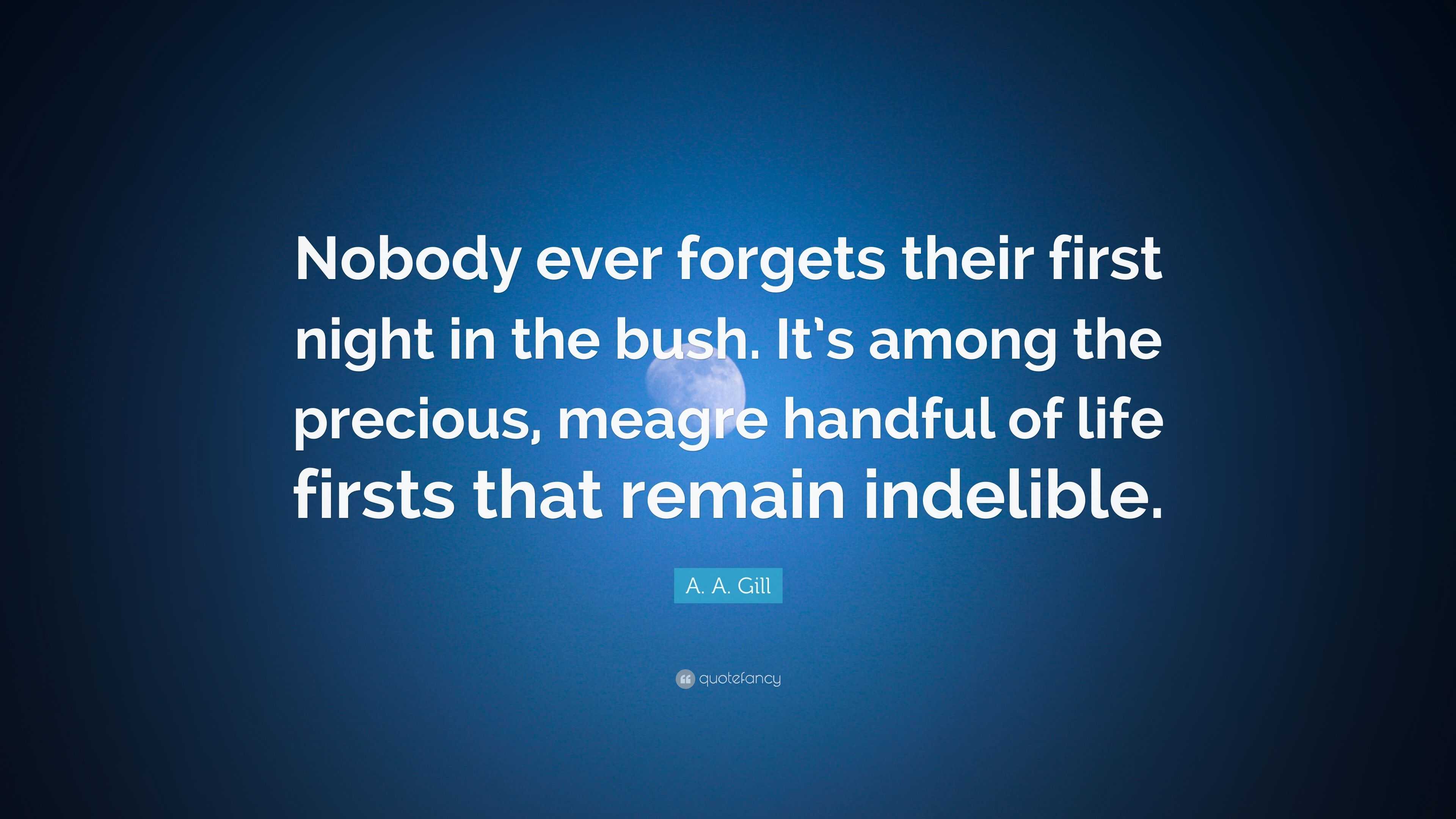 A. A. Gill Quote: “Nobody ever forgets their first night in the bush ...