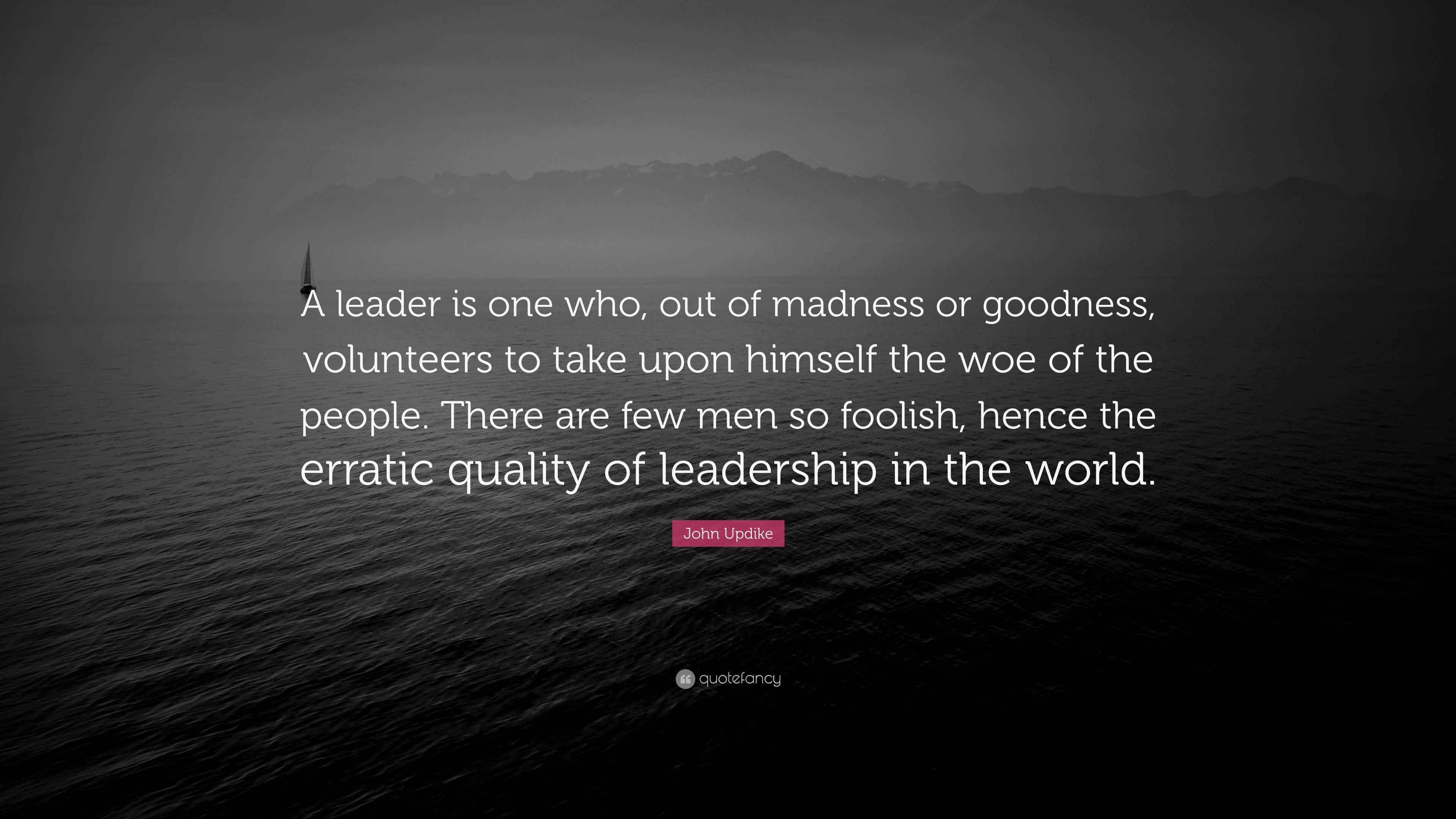 John Updike Quote: “A leader is one who, out of madness or goodness ...