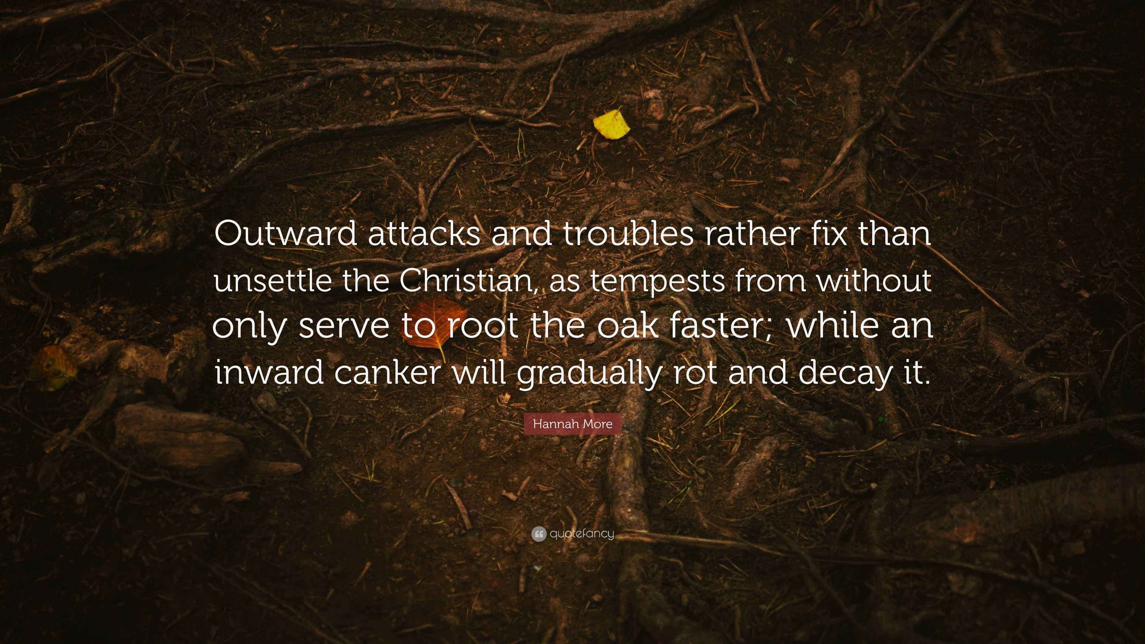 Hannah More Quote: “Outward attacks and troubles rather fix than ...