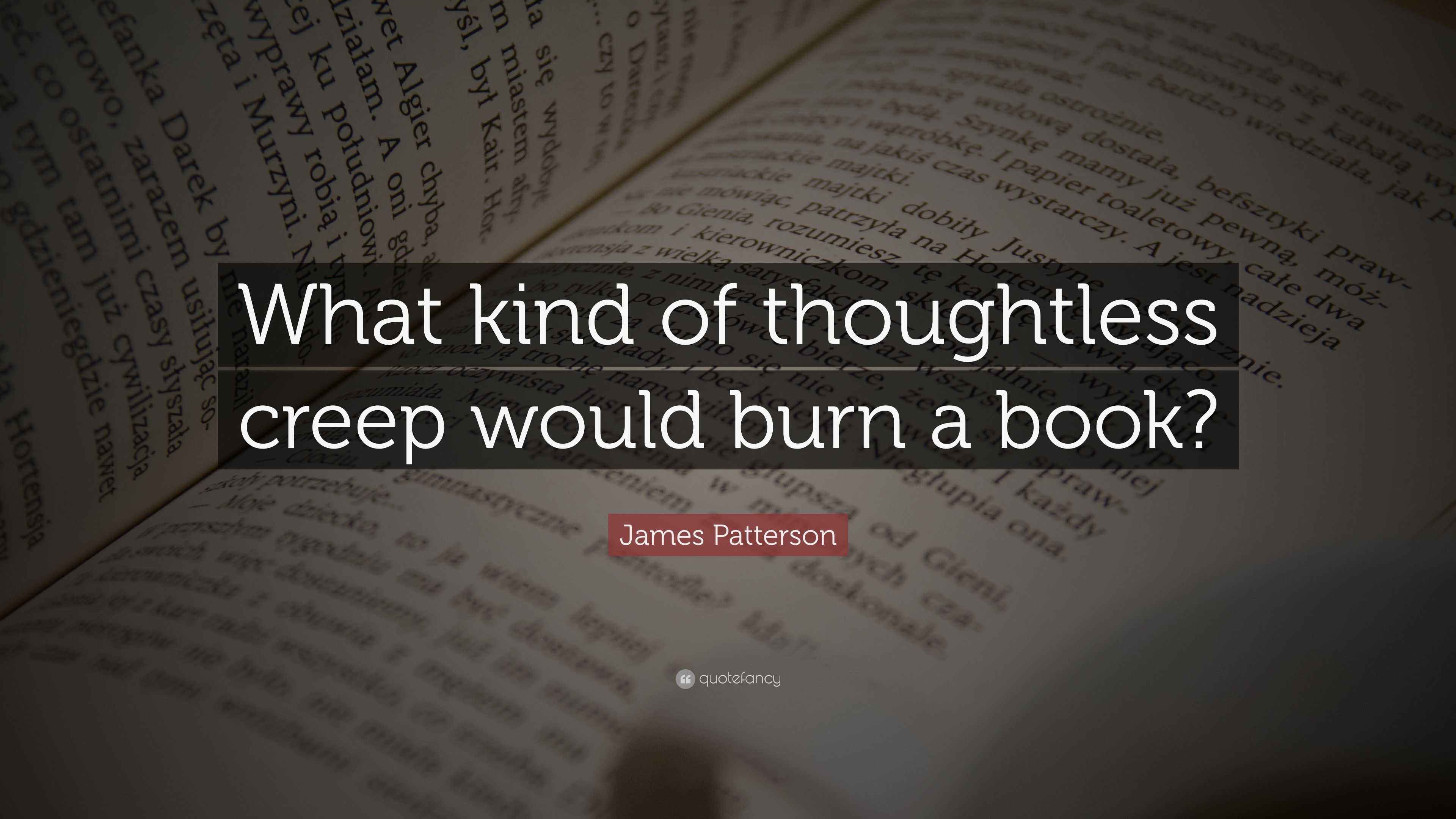 James Patterson Quote: “What kind of thoughtless creep would burn a book?”