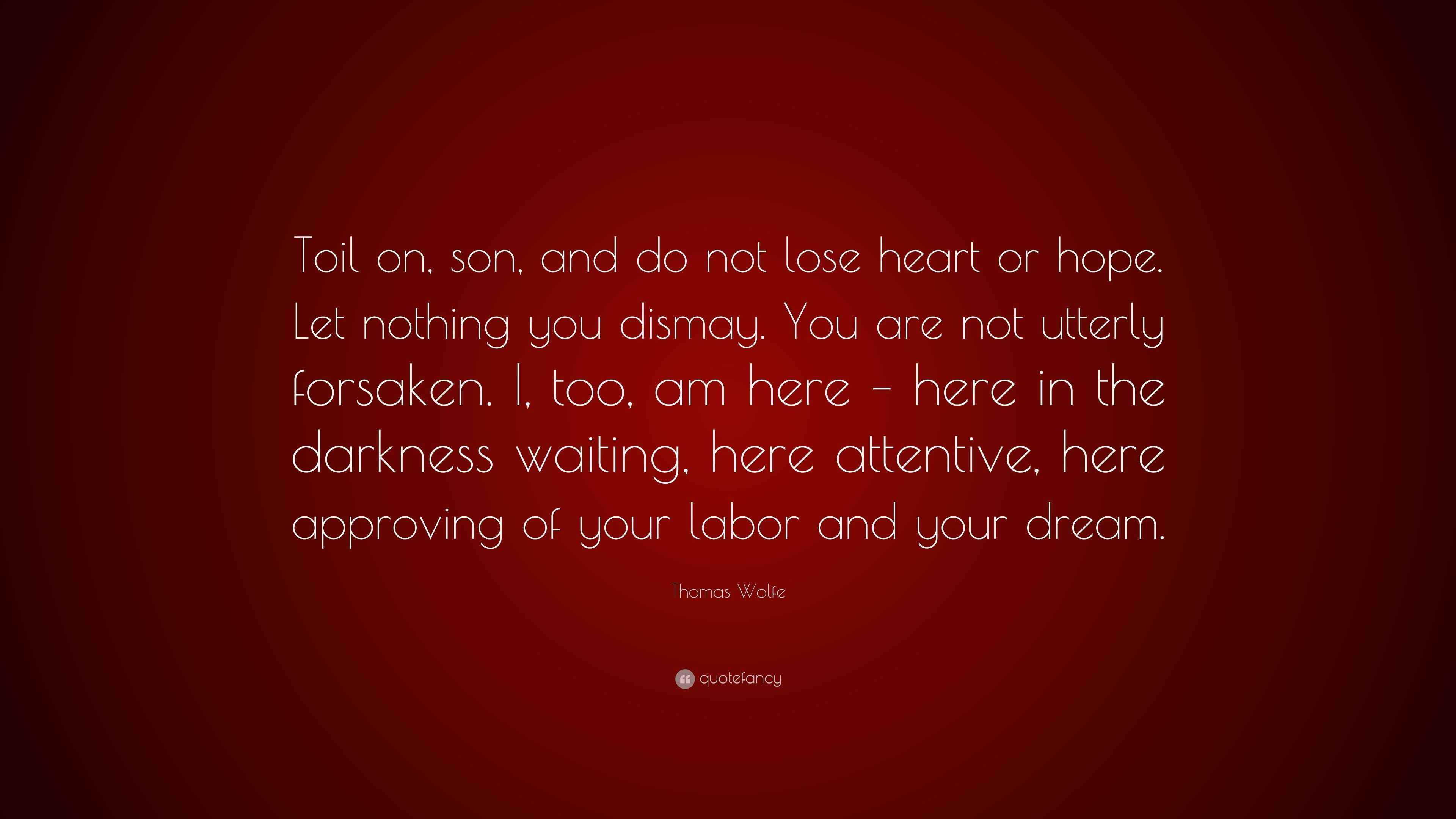Thomas Wolfe Quote: “Toil on, son, and do not lose heart or hope. Let ...