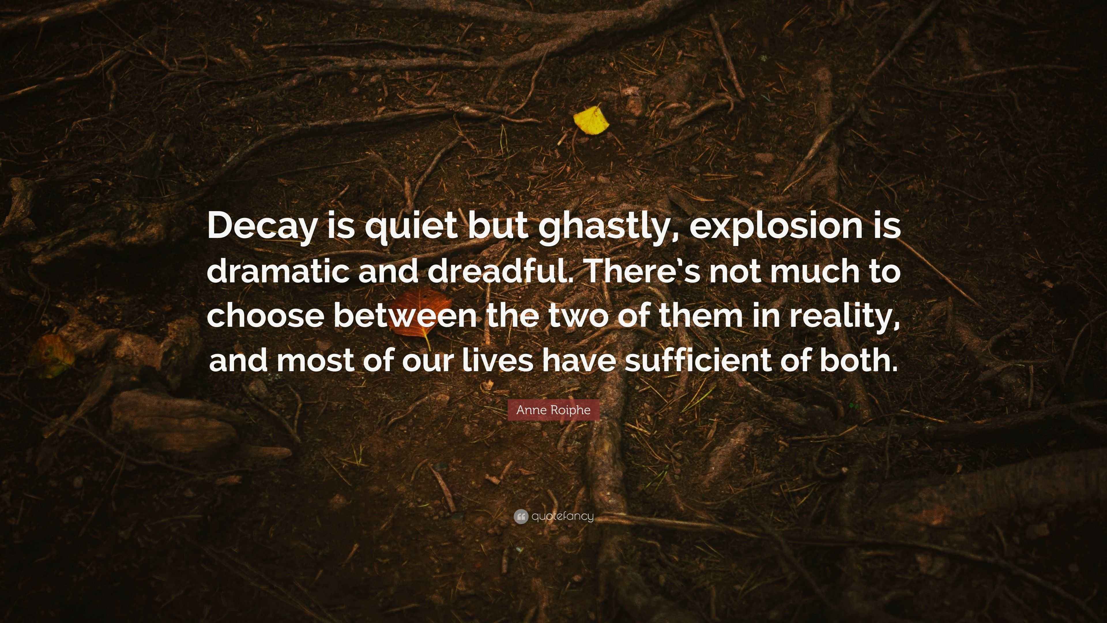 Anne Roiphe Quote: “Decay is quiet but ghastly, explosion is dramatic ...