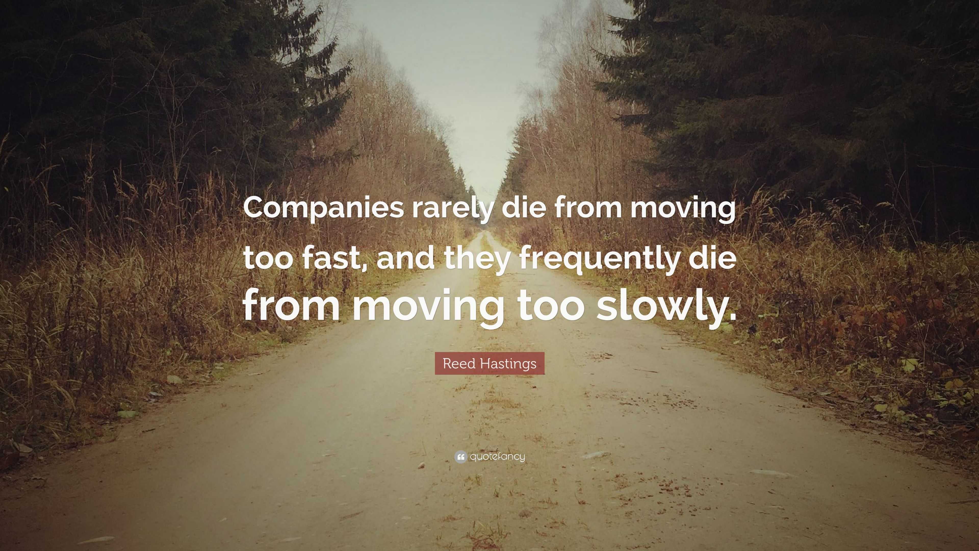 Reed Hastings Quote: “Companies rarely die from moving too fast, and ...