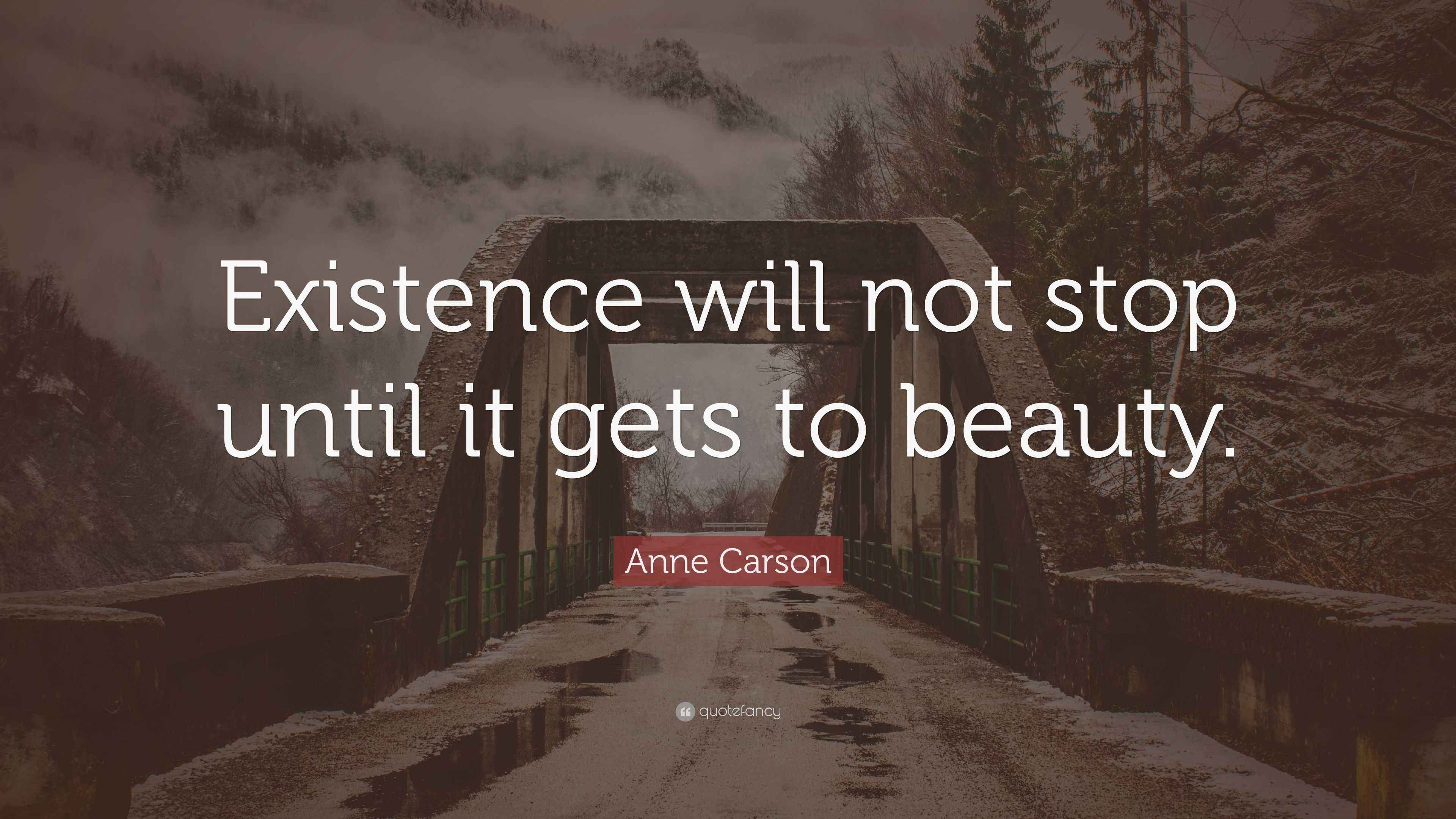 Anne Carson Quote: “Existence will not stop until it gets to beauty.”
