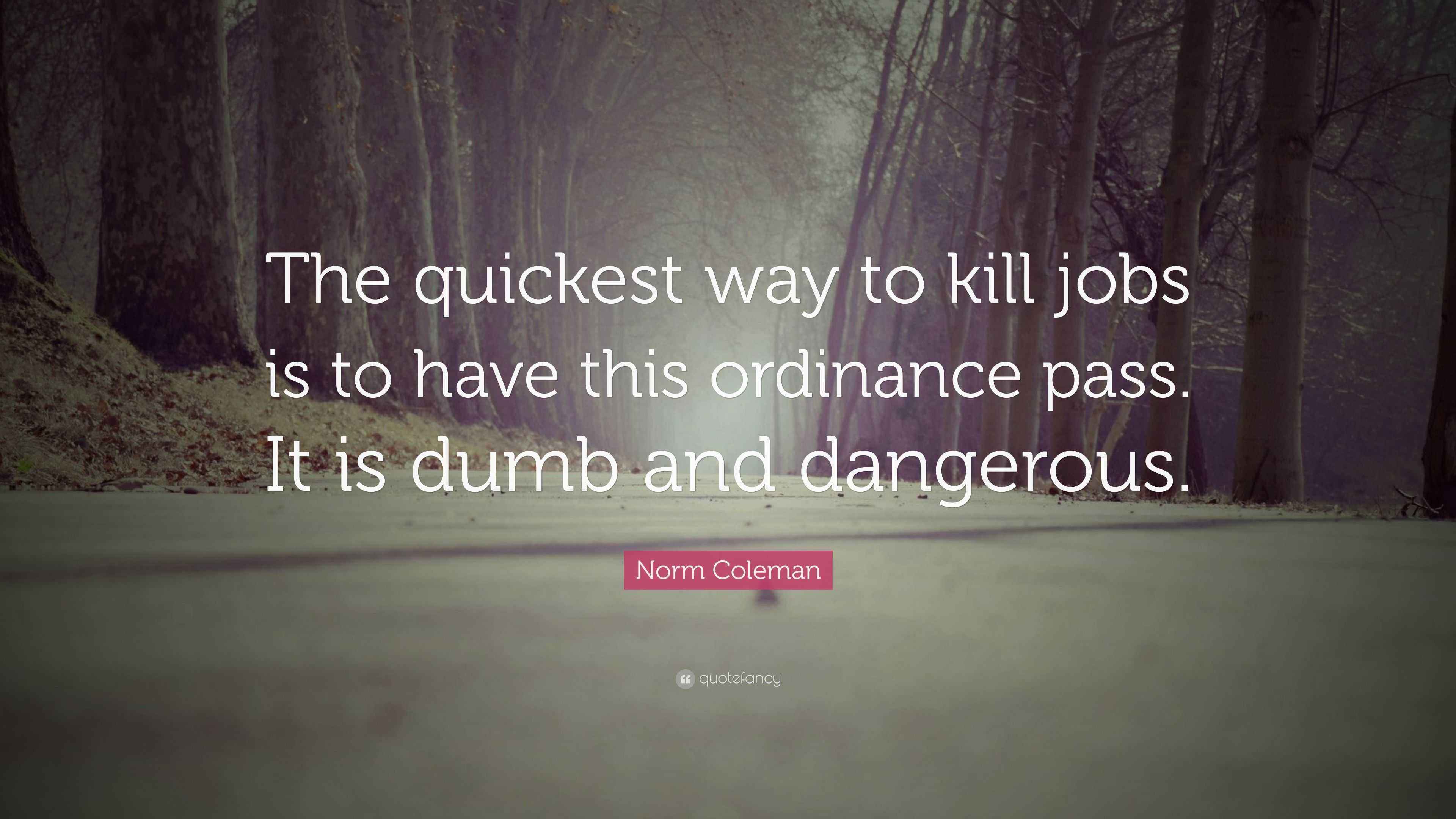 Norm Coleman Quote: “The quickest way to kill jobs is to have this ...