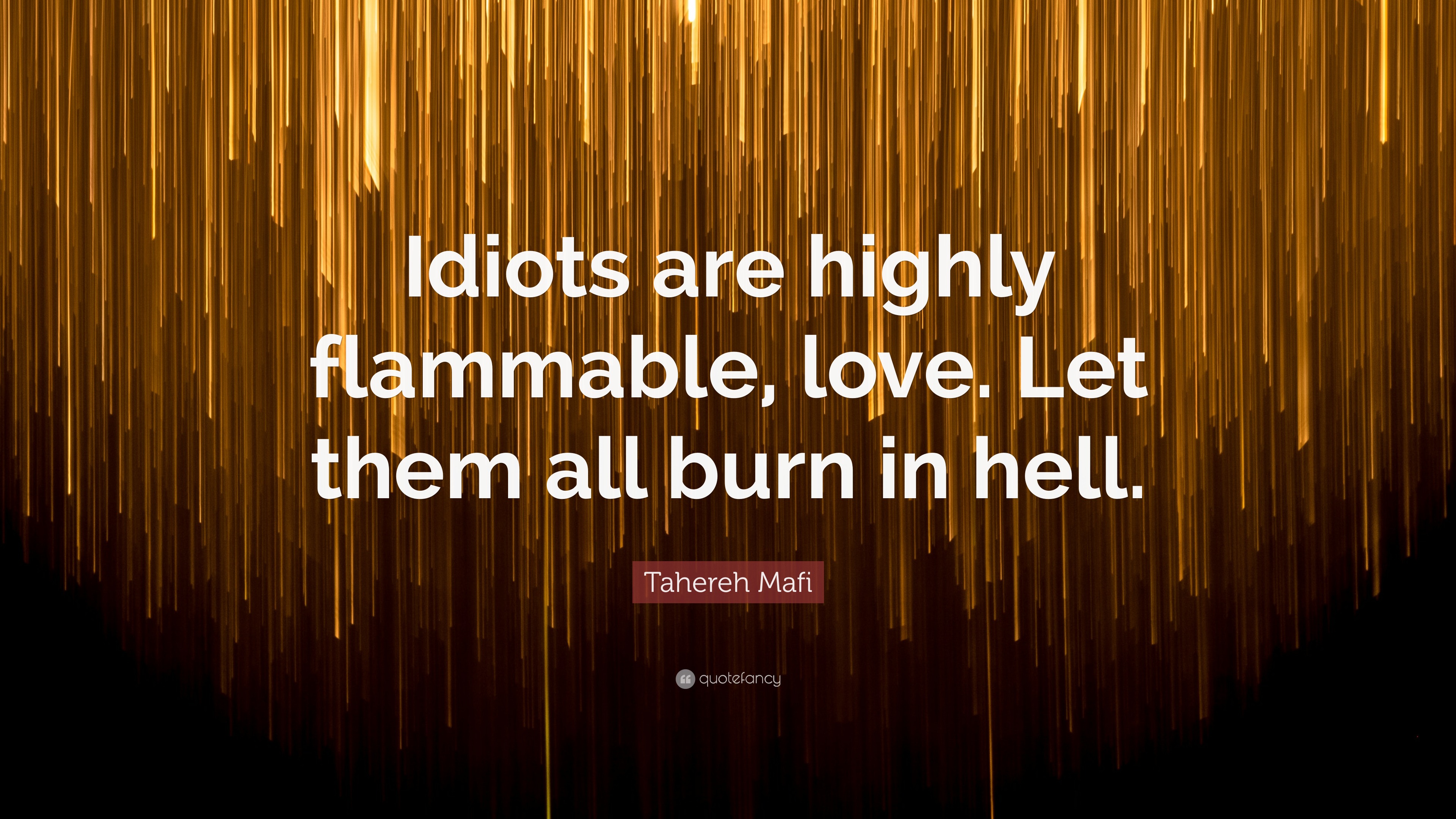 Tahereh Mafi Quote: “Idiots are highly flammable, love. Let them all ...