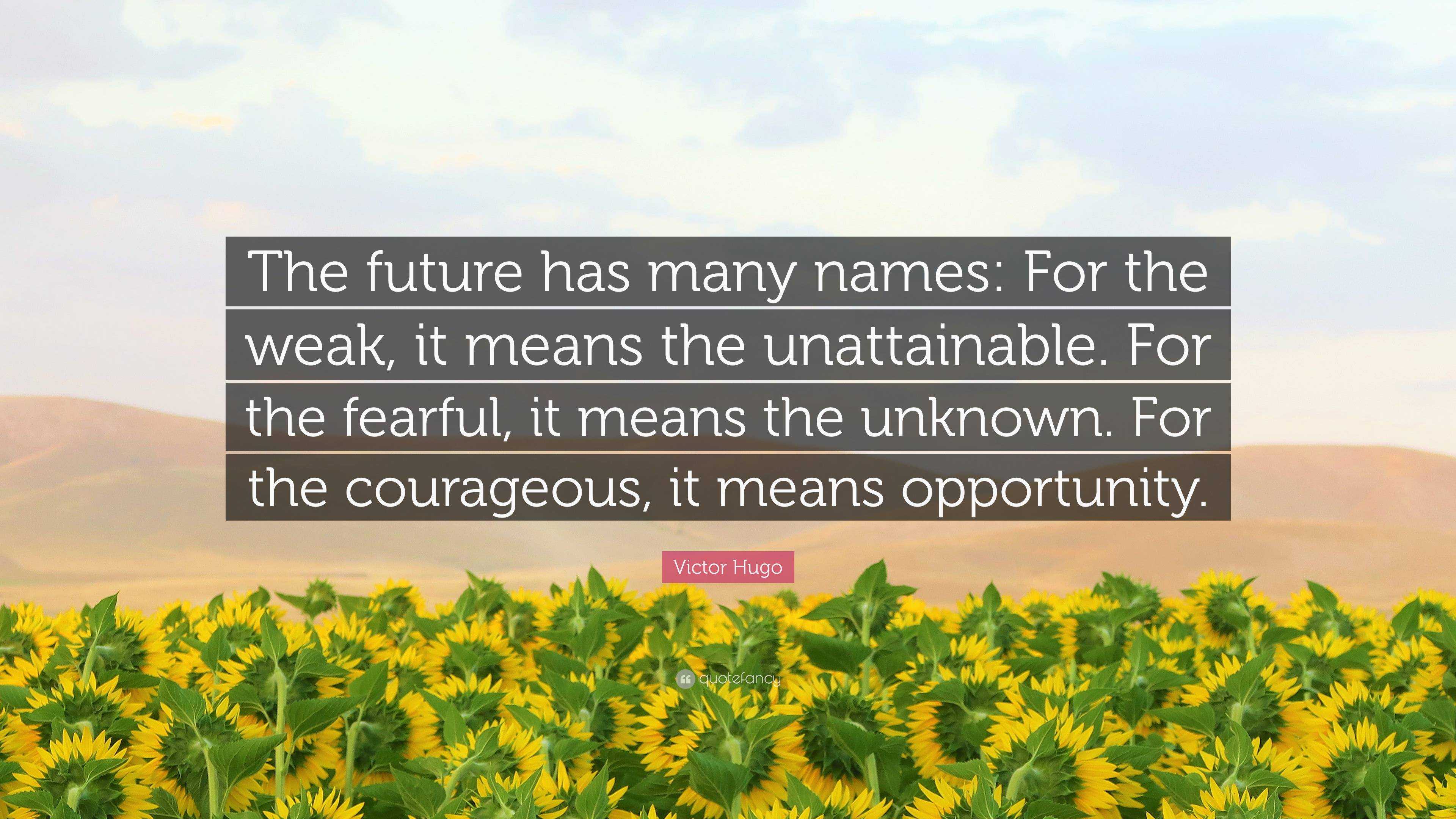 Victor Hugo Quote: “The future has many names: For the weak, it means ...