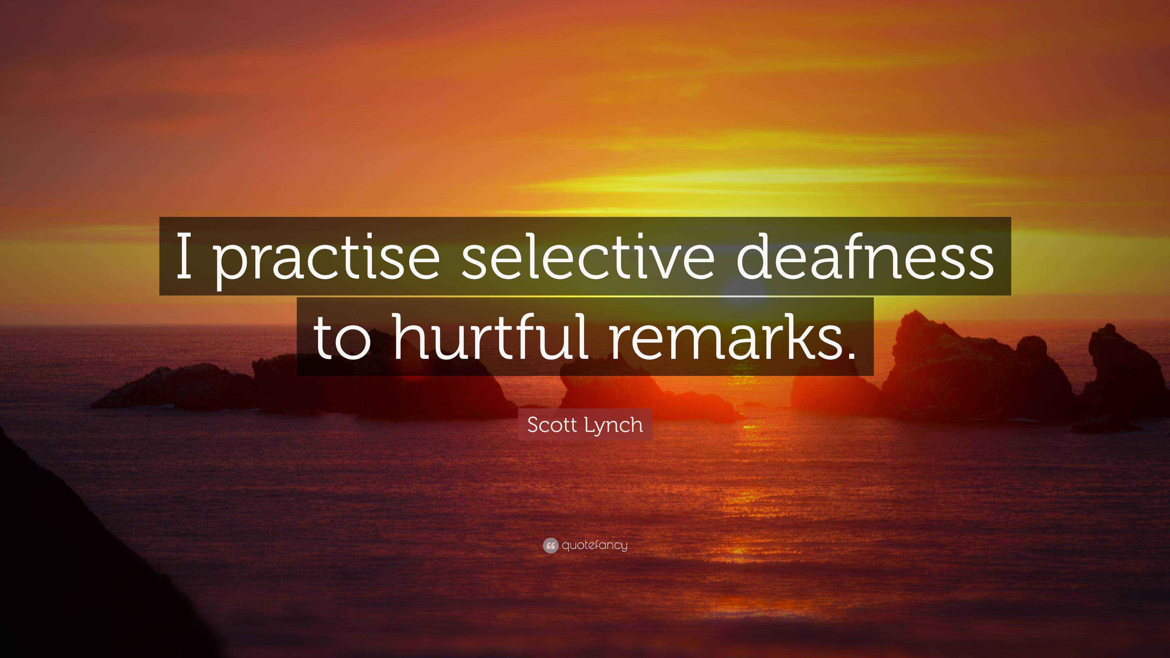 Scott Lynch Quote: “I practise selective deafness to hurtful remarks.”
