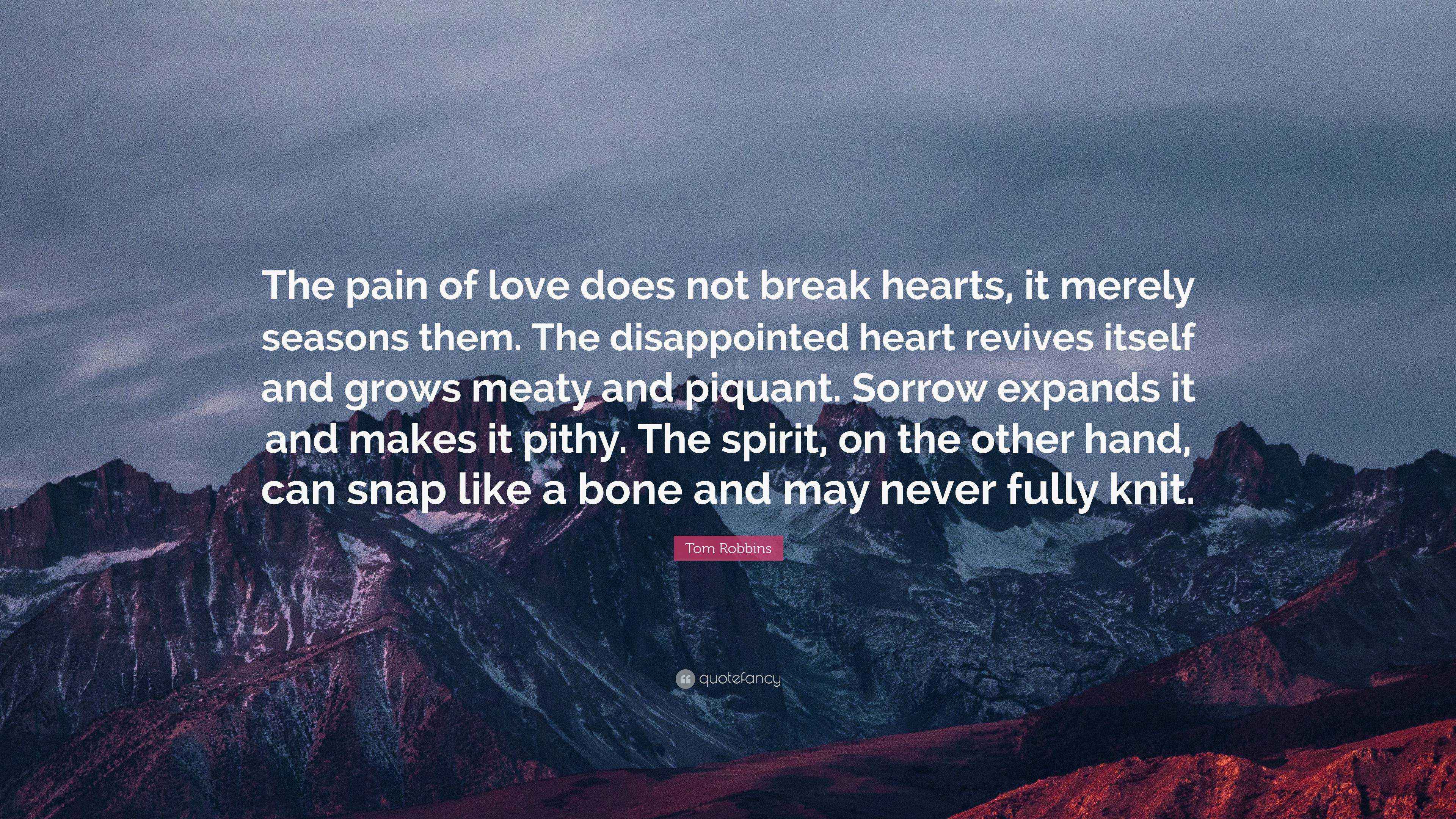 Tom Robbins Quote: “The pain of love does not break hearts, it merely ...