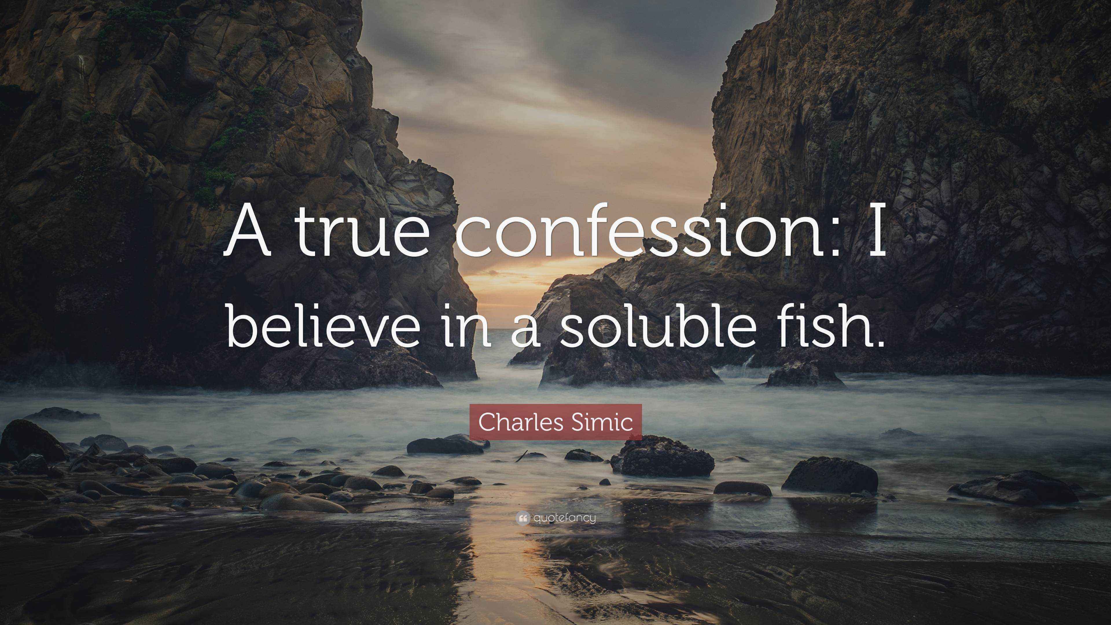 Charles Simic Quote: “A true confession: I believe in a soluble fish.”
