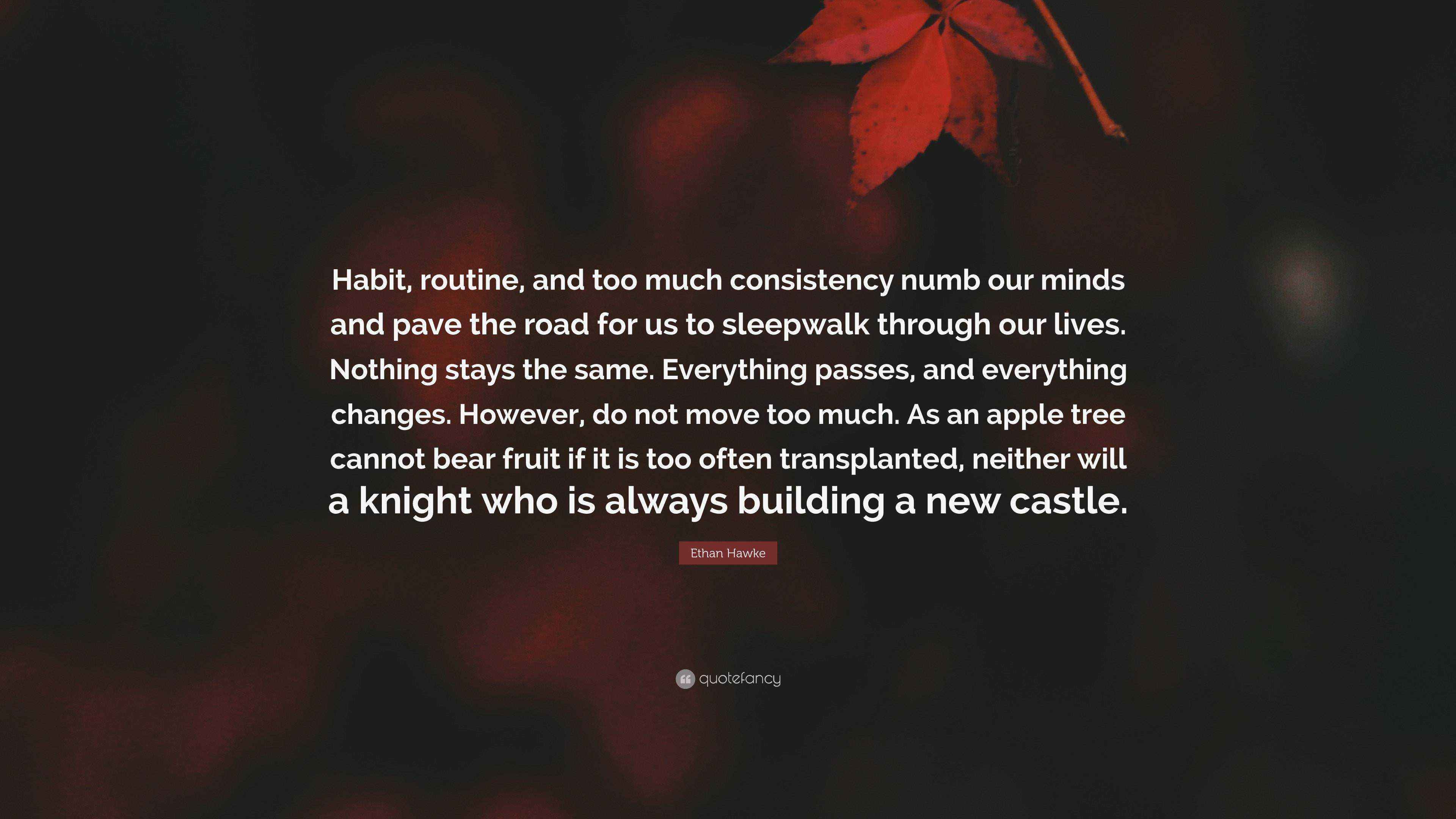Ethan Hawke Quote: “Habit, routine, and too much consistency numb our ...