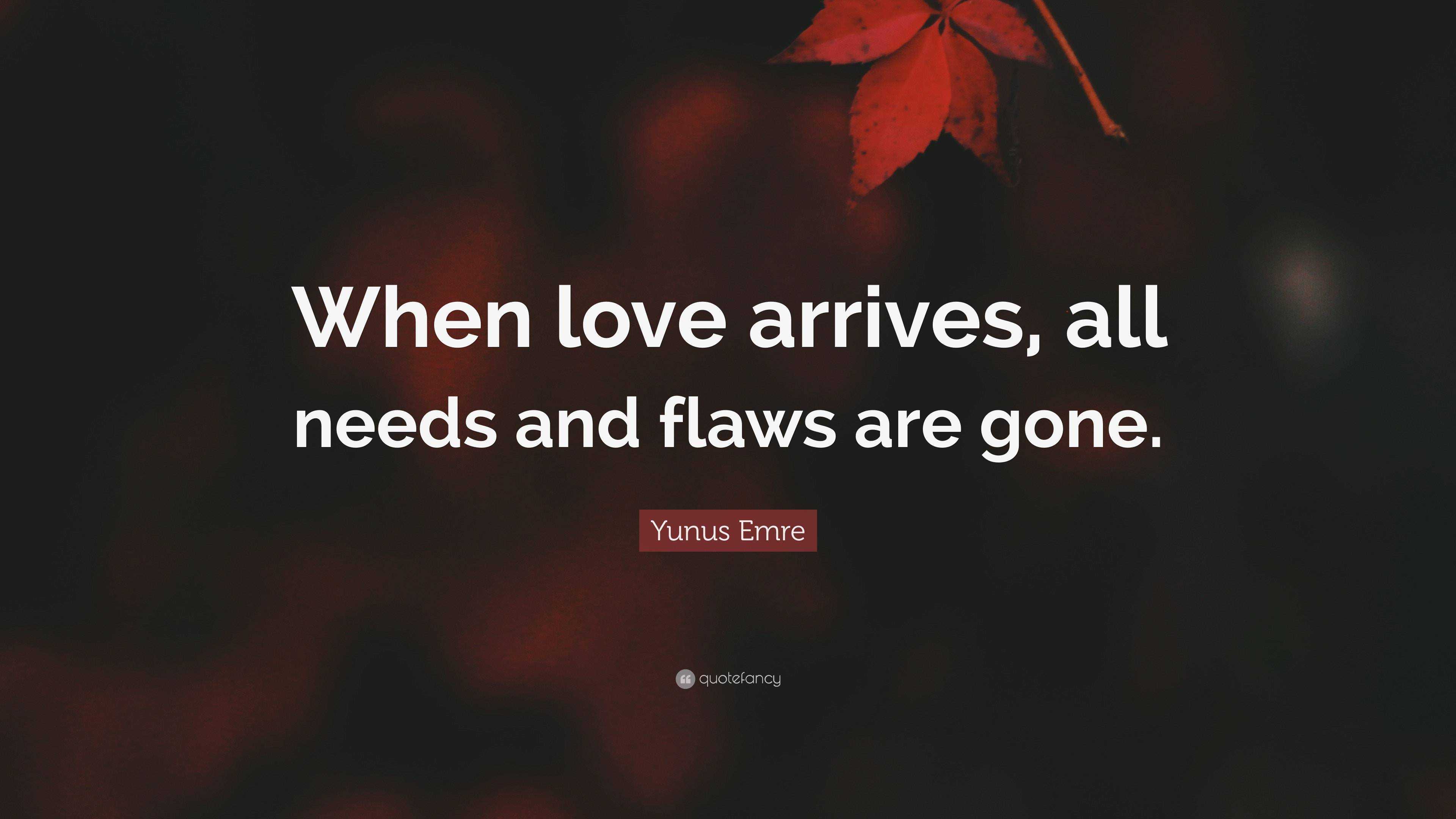 Yunus Emre Quote: “When love arrives, all needs and flaws are gone.”