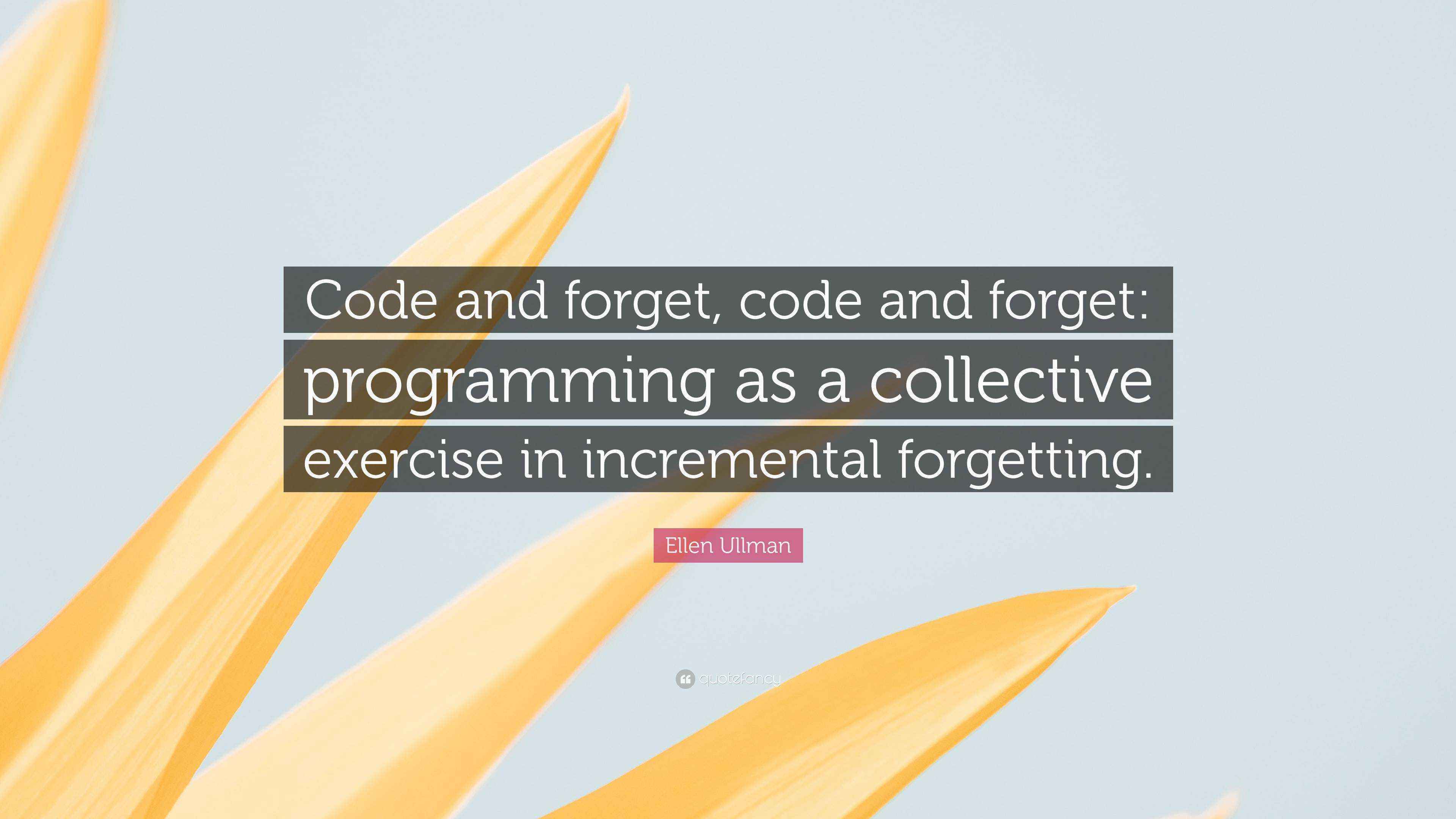 Ellen Ullman Quote: “Code and forget, code and forget: programming as a collective exercise in ...