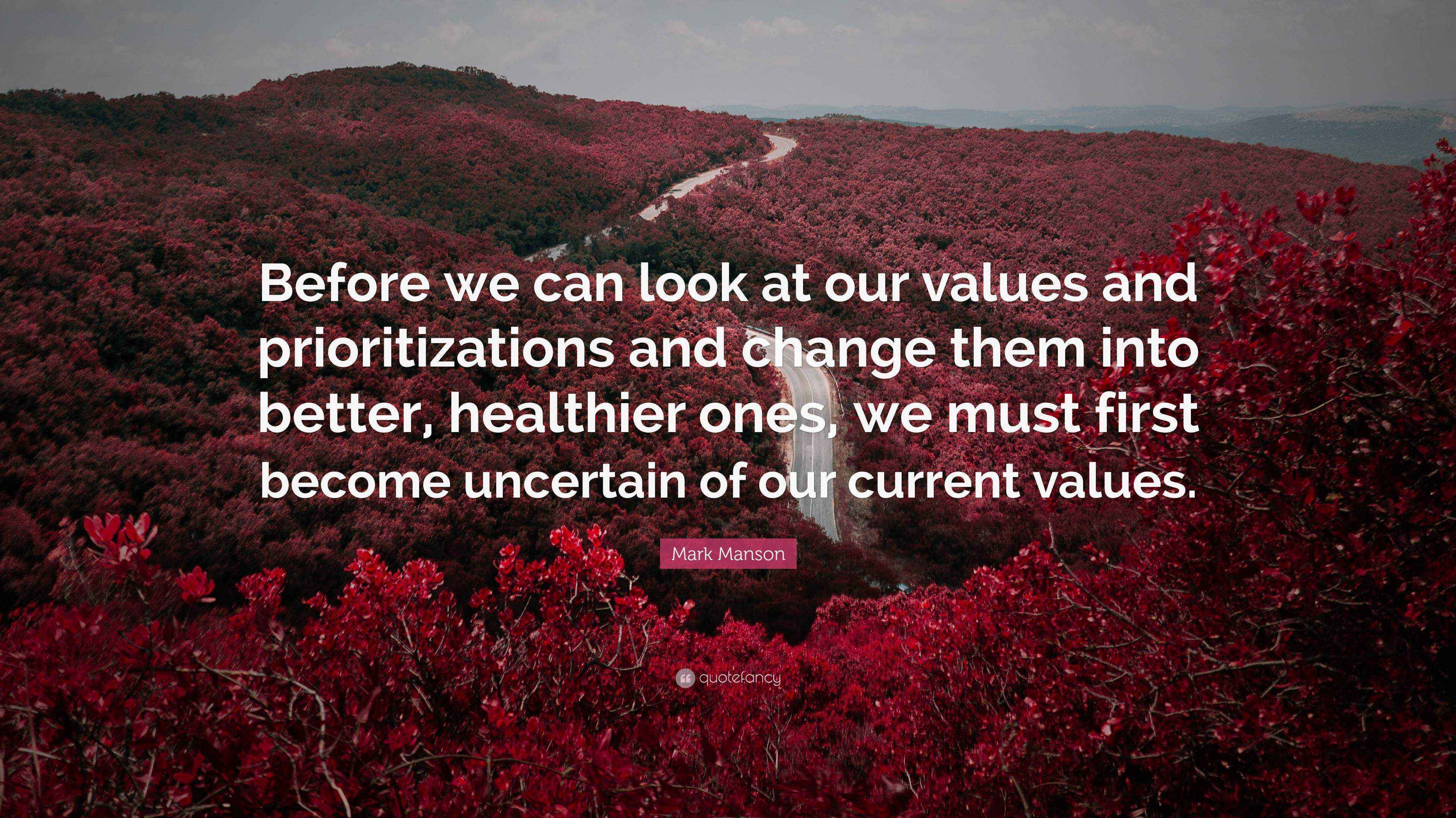 Mark Manson Quote: “Before we can look at our values and ...