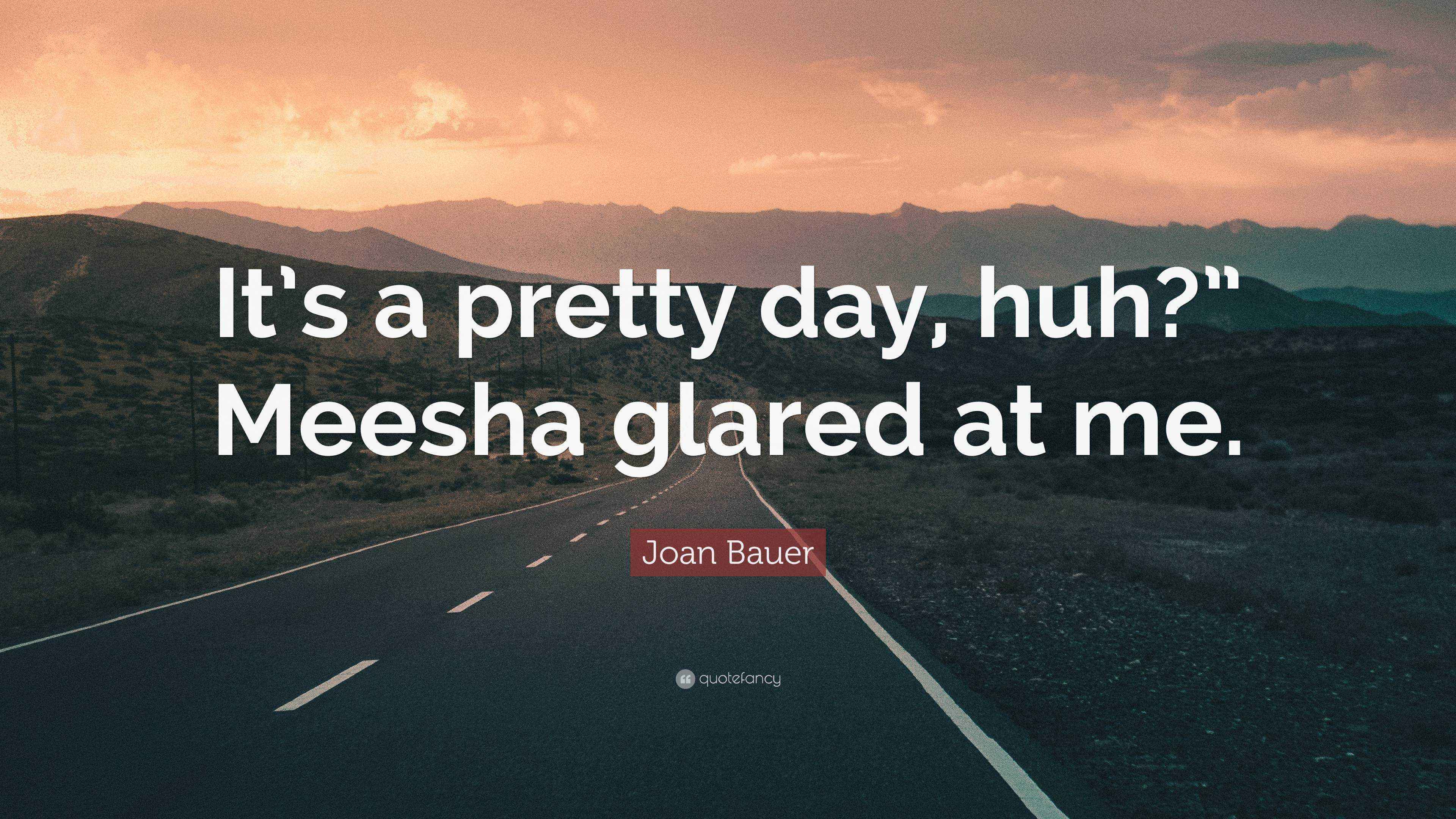 Joan Bauer Quote: “It’s a pretty day, huh?” Meesha glared at me.”