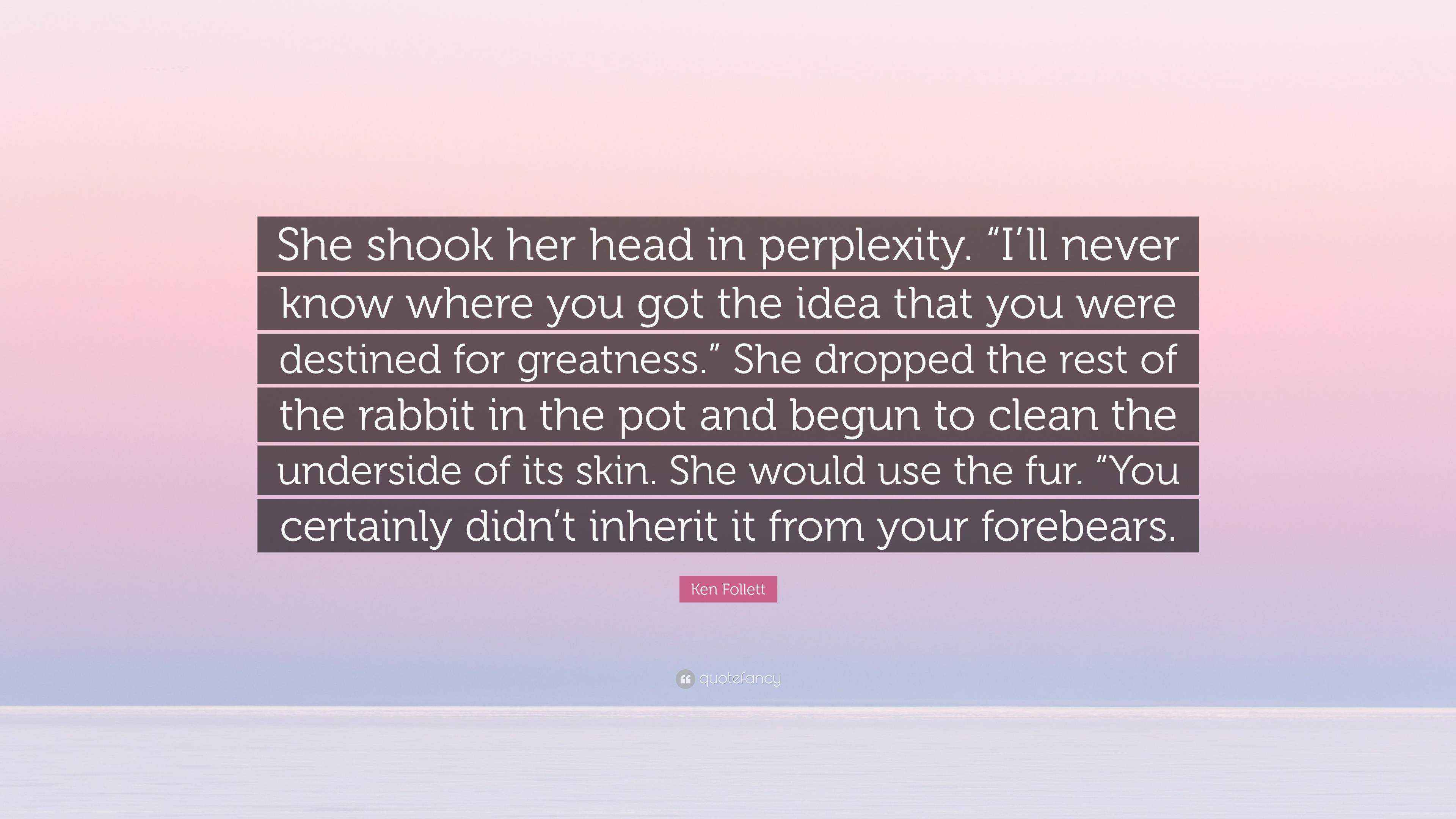 Ken Follett Quote: “She shook her head in perplexity. “I’ll never know ...