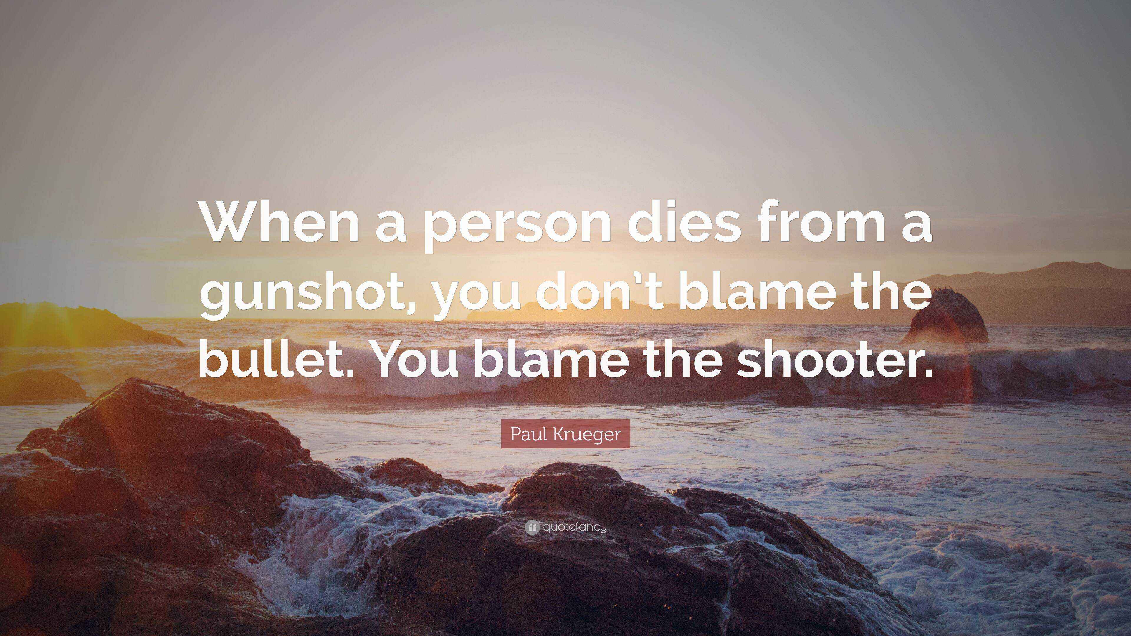 Paul Krueger Quote: “When a person dies from a gunshot, you don’t blame ...