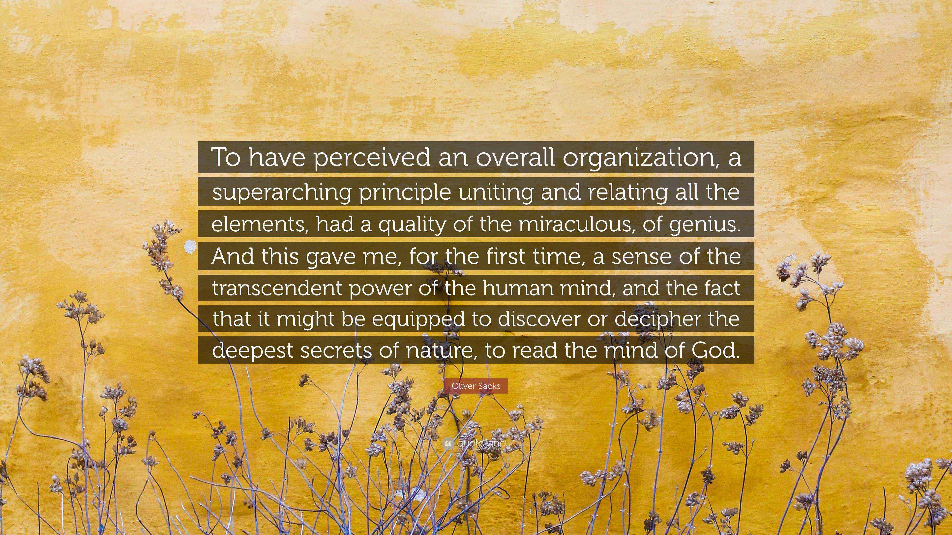 Oliver Sacks Quote: “To have perceived an overall organization, a ...