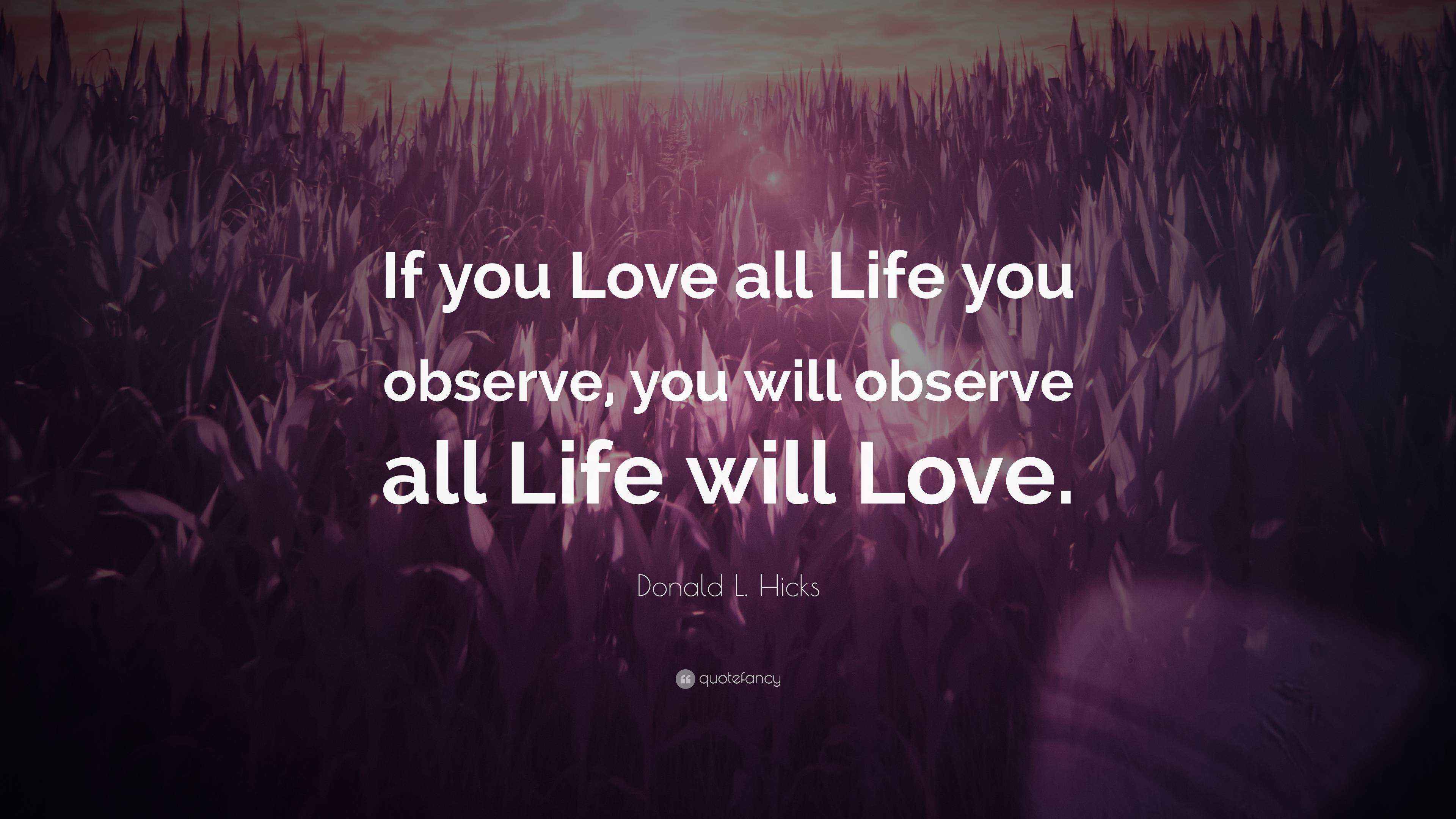 Donald L. Hicks Quote: “If you Love all Life you observe, you will ...