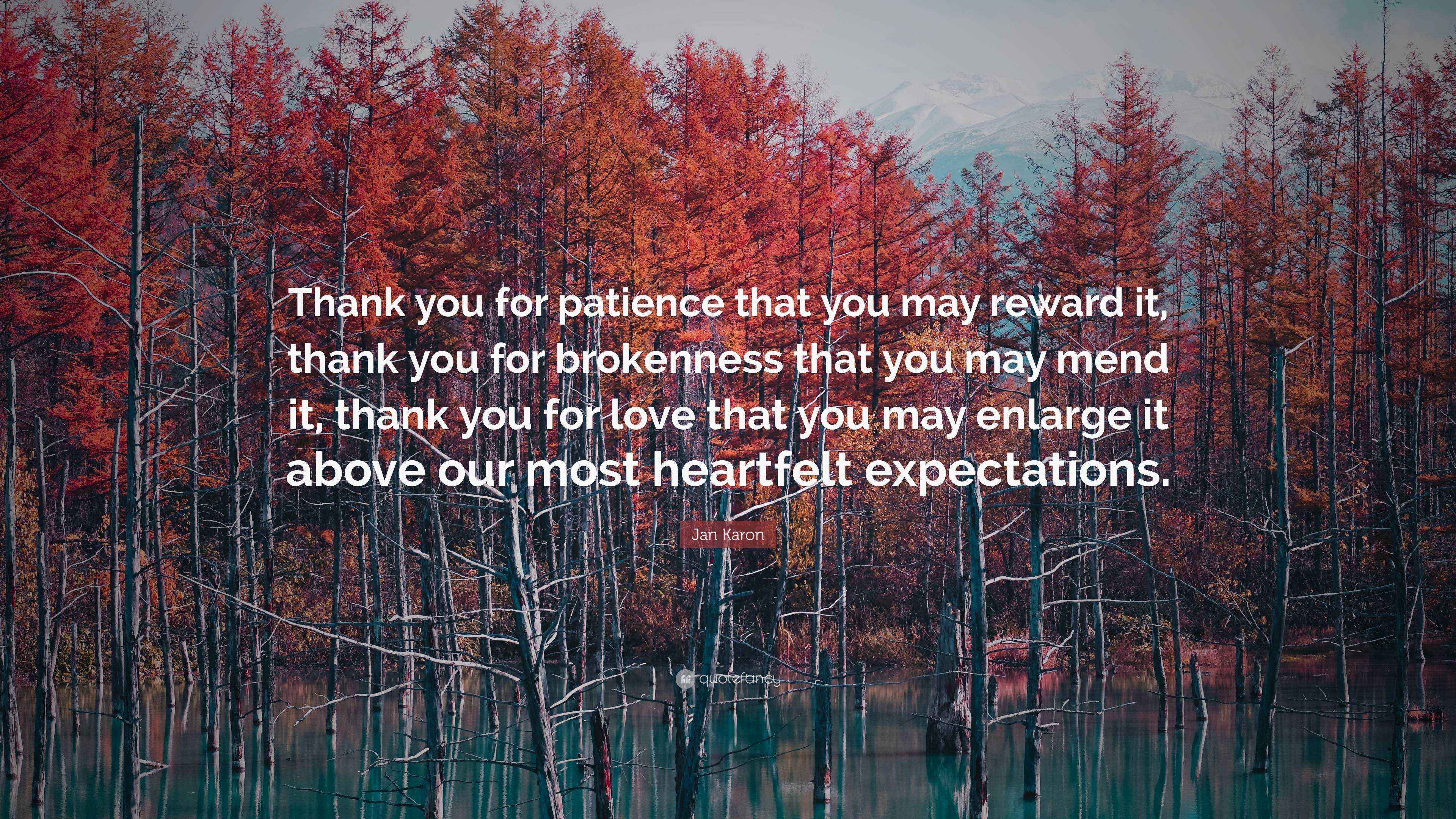 Jan Karon Quote: “Thank you for patience that you may reward it, thank ...