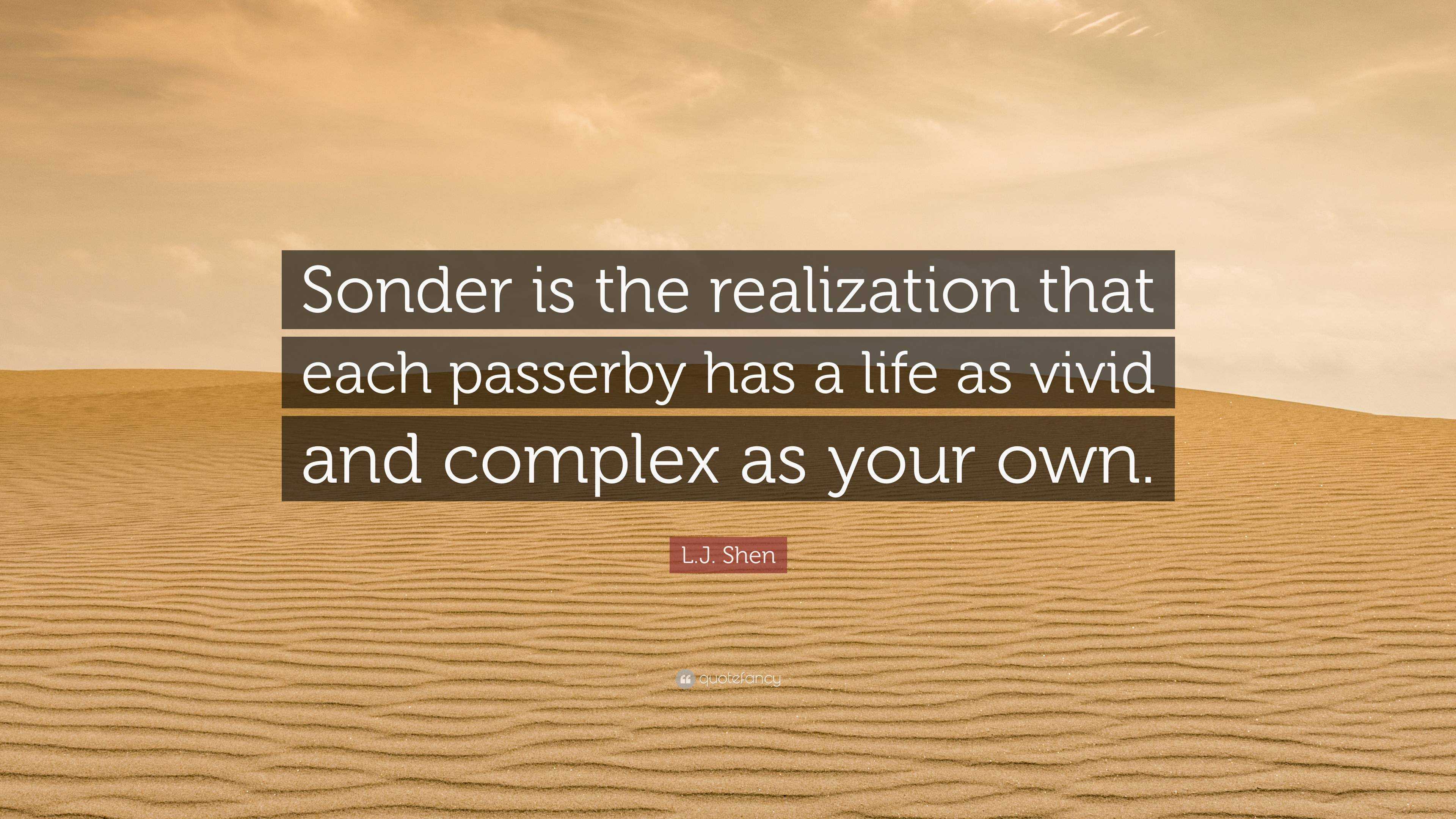 L.J. Shen Quote: “Sonder is the realization that each passerby has a ...