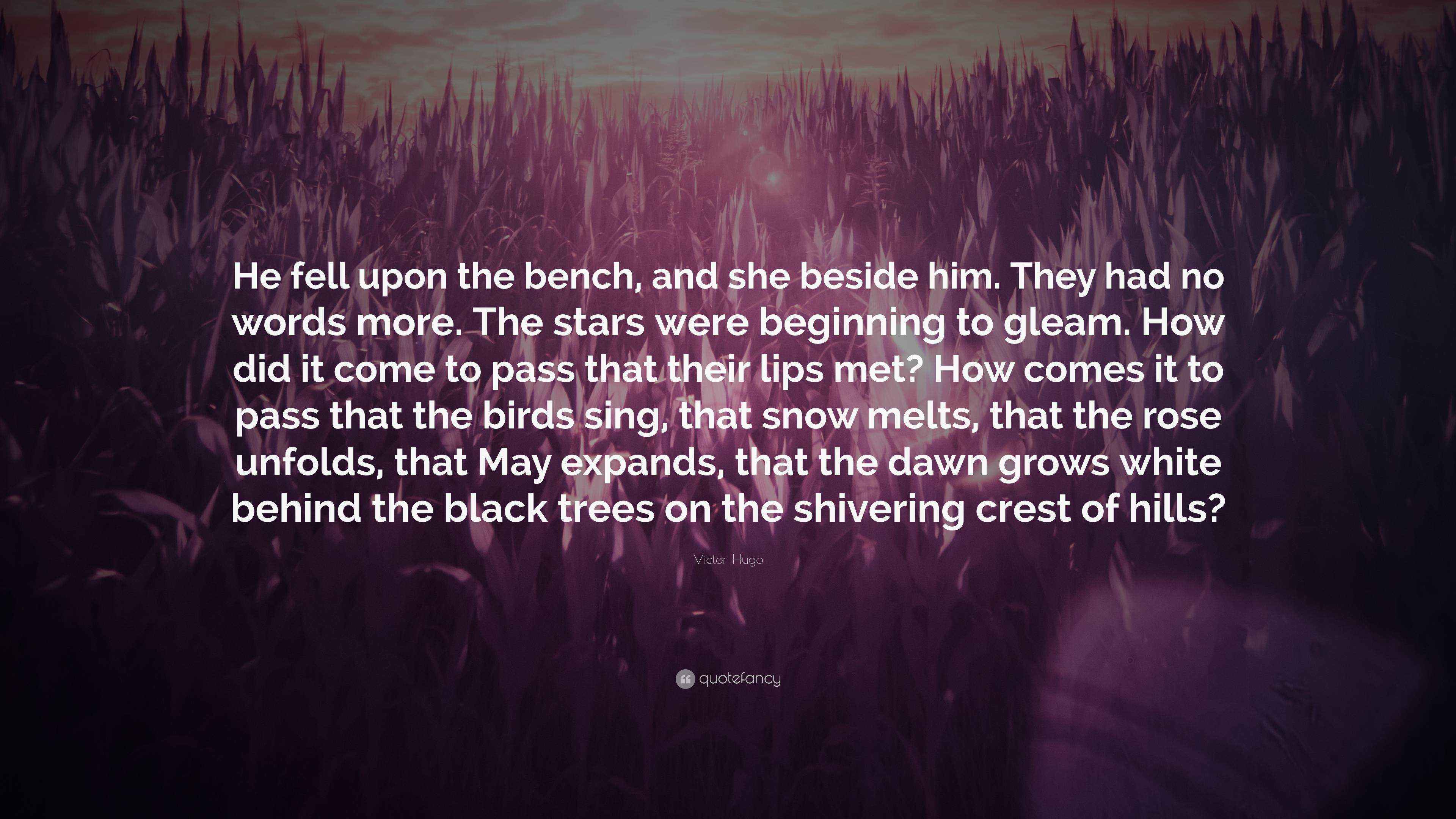 Victor Hugo Quote: “He fell upon the bench, and she beside him. They ...