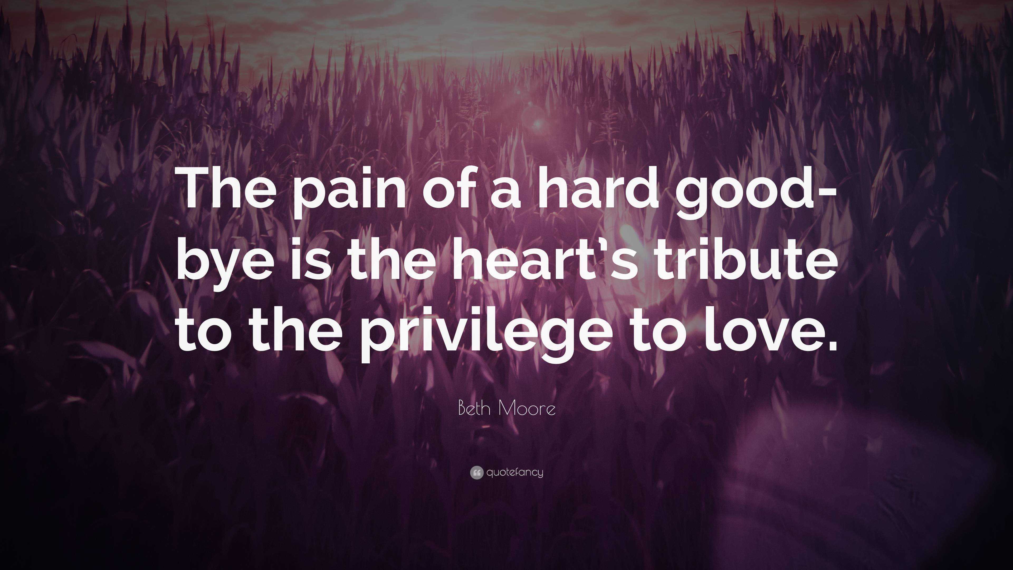 Beth Moore Quote: “The pain of a hard good-bye is the heart’s tribute to the privilege to love.”