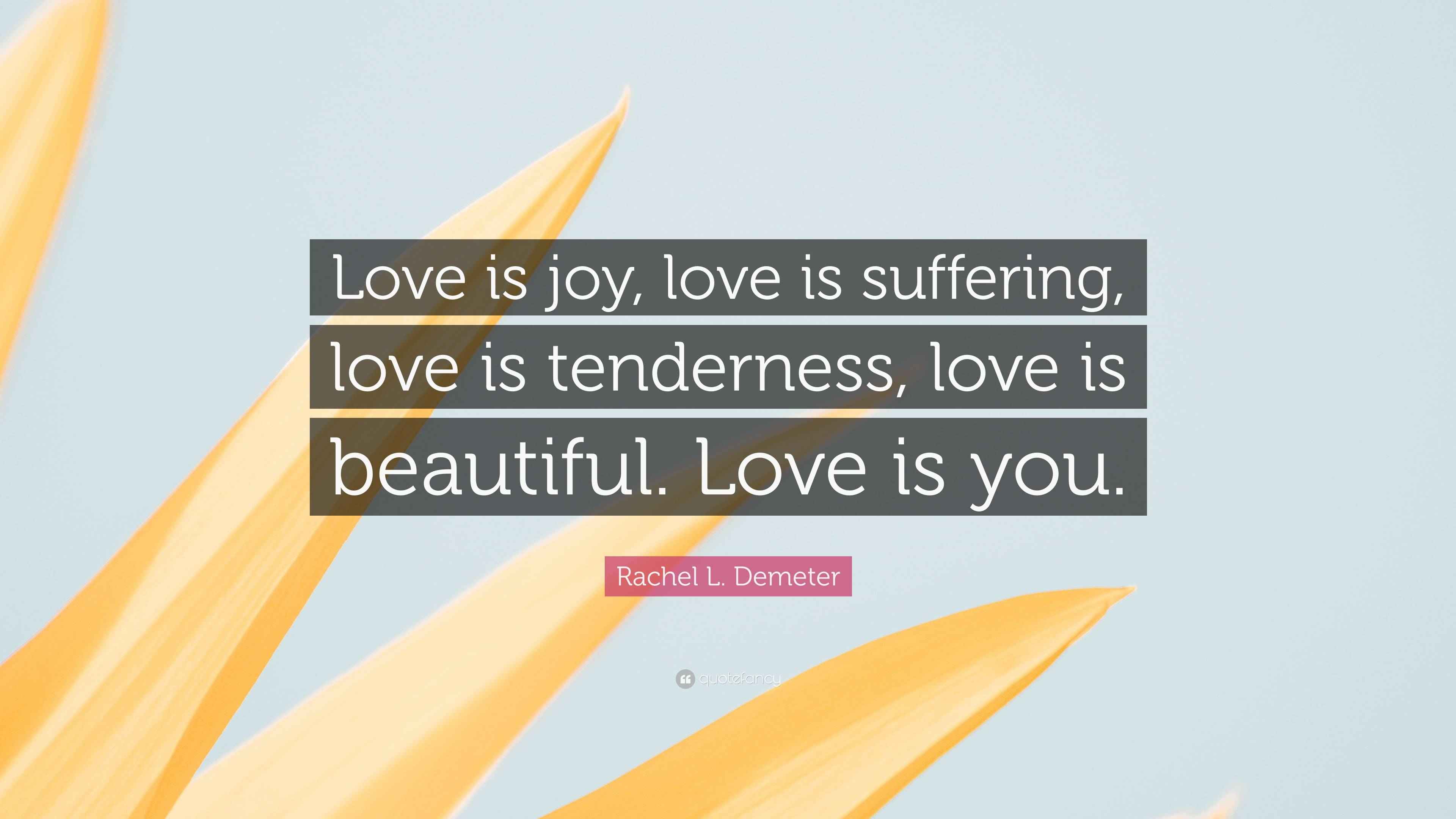 Rachel L. Demeter Quote: “Love is joy, love is suffering, love is ...