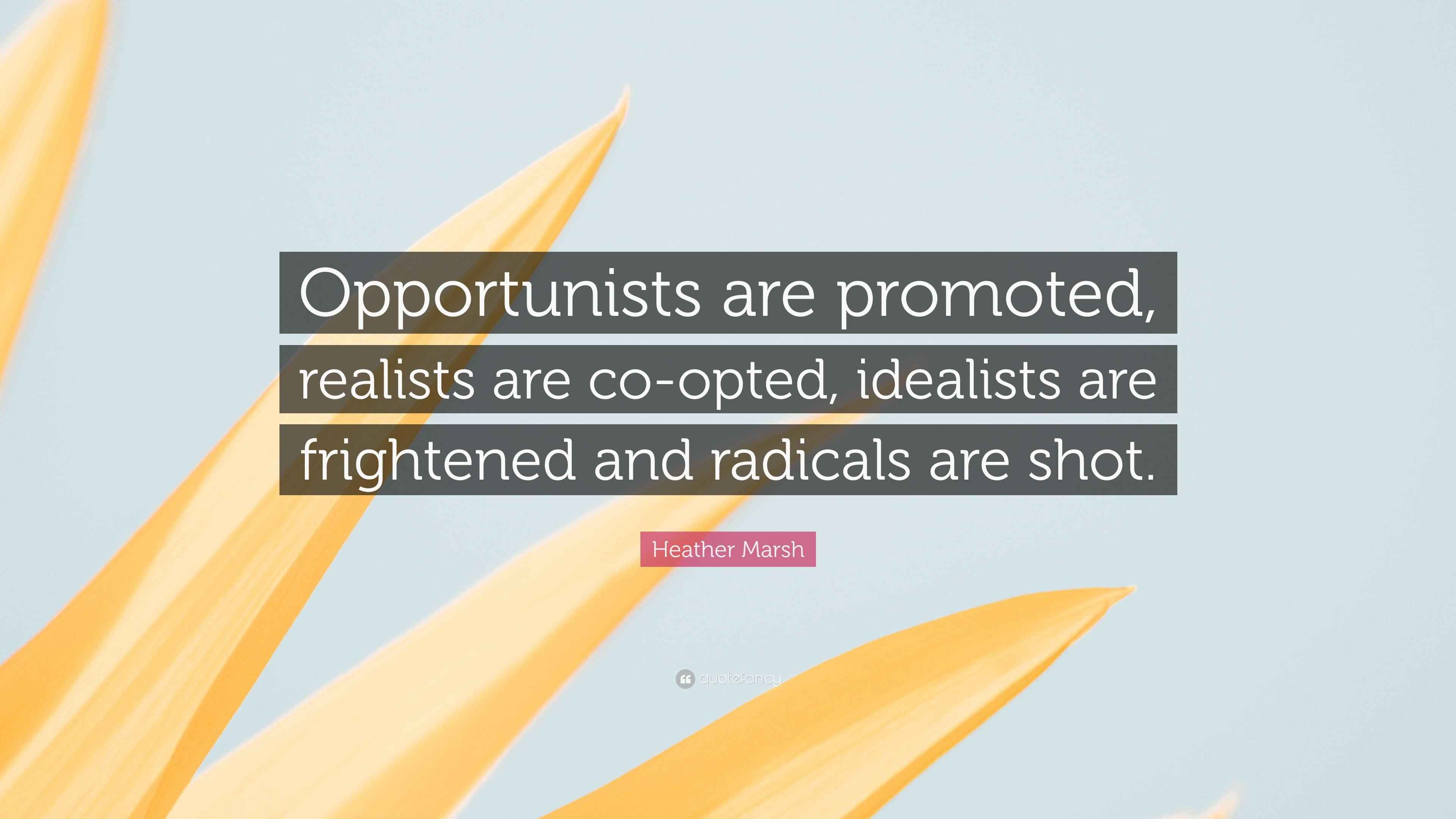 Heather Marsh Quote: “Opportunists are promoted, realists are co-opted ...