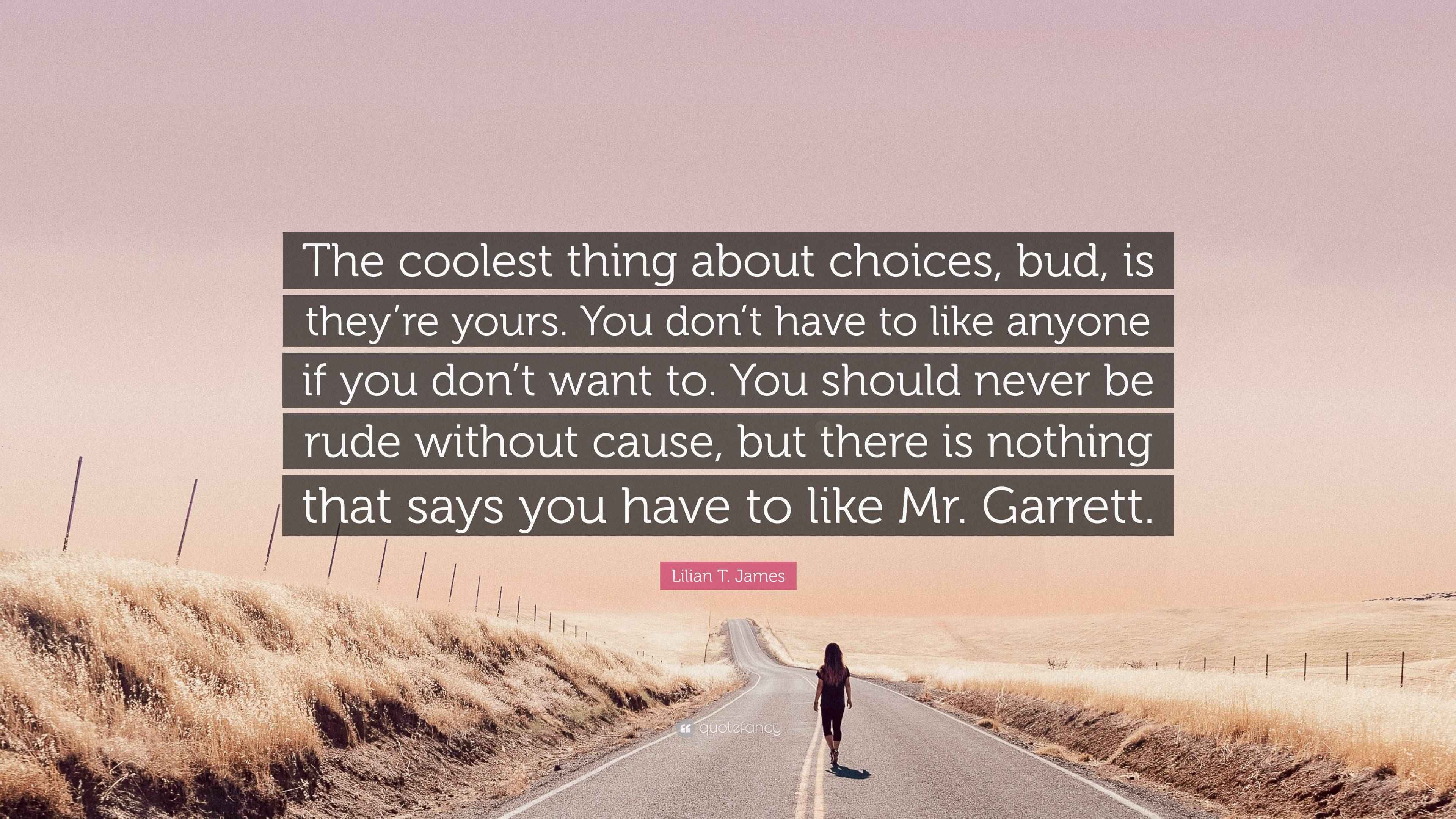 Lilian T. James Quote: “The coolest thing about choices, bud, is they ...