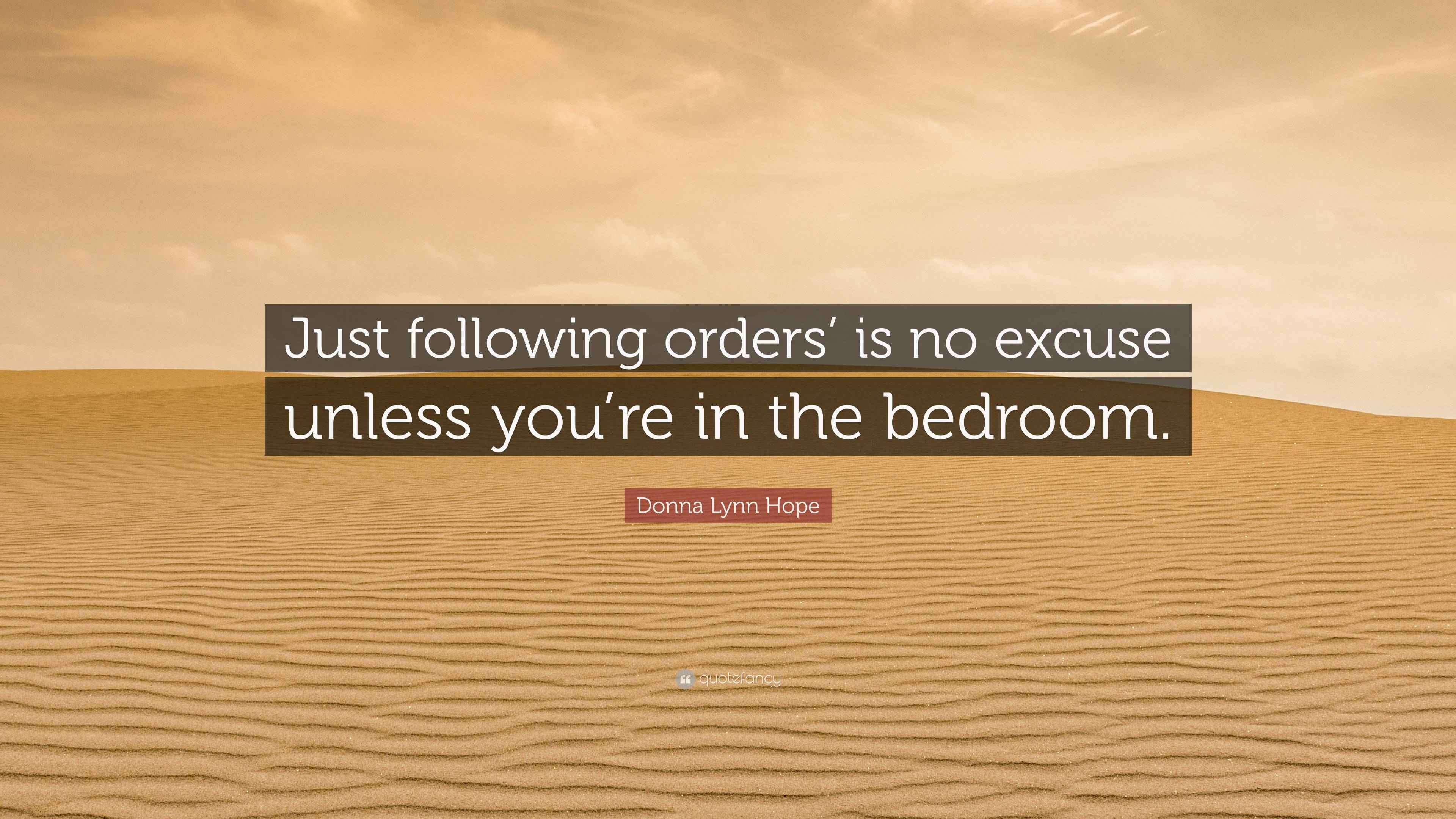 Donna Lynn Hope Quote: “Just following orders’ is no excuse unless you ...