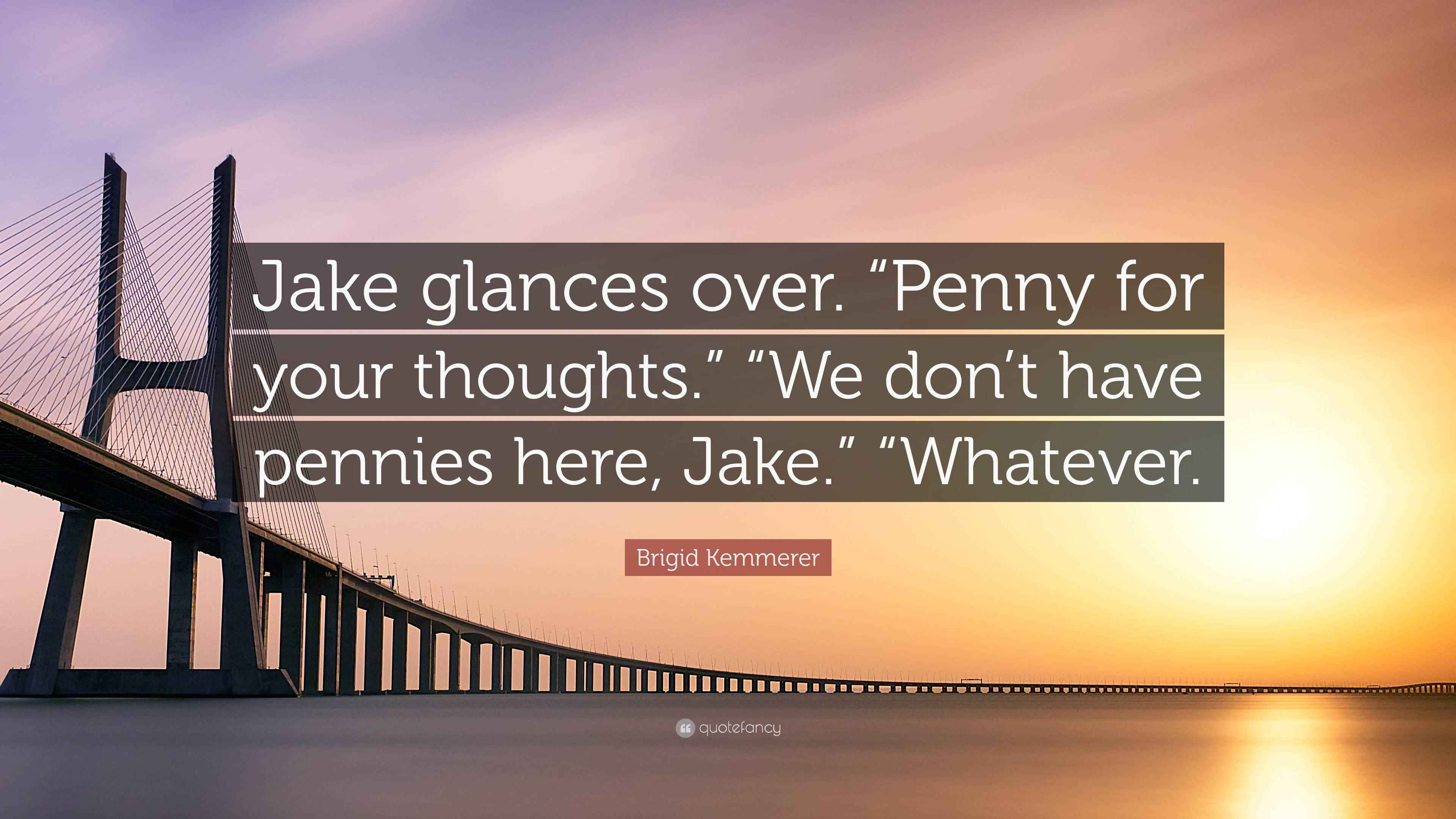 Brigid Kemmerer Quote: “Jake glances over. “Penny for your thoughts ...