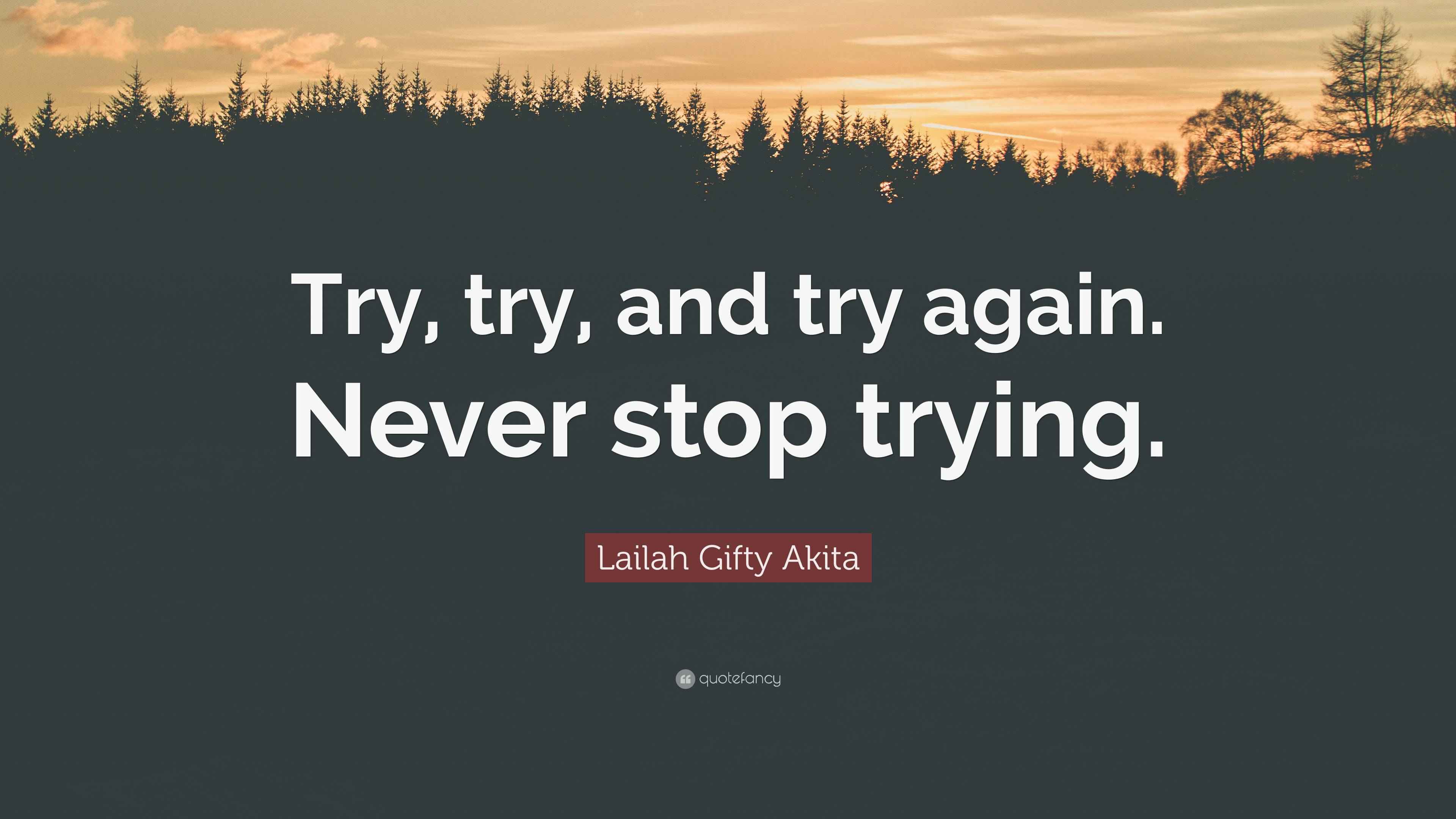 Lailah Gifty Akita Quote: “Try, try, and try again. Never stop trying.”