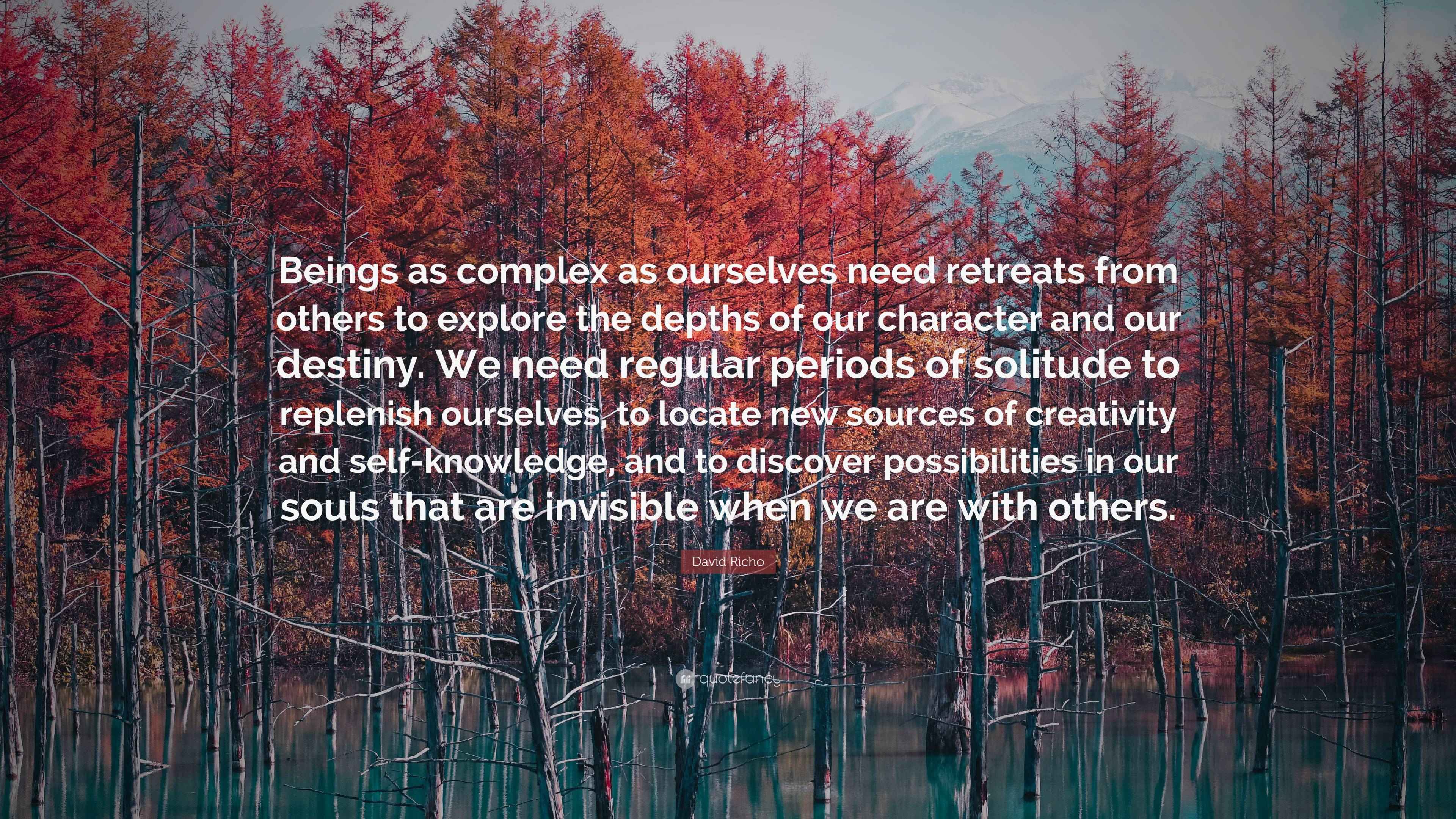 David Richo Quote: “Beings as complex as ourselves need retreats from ...