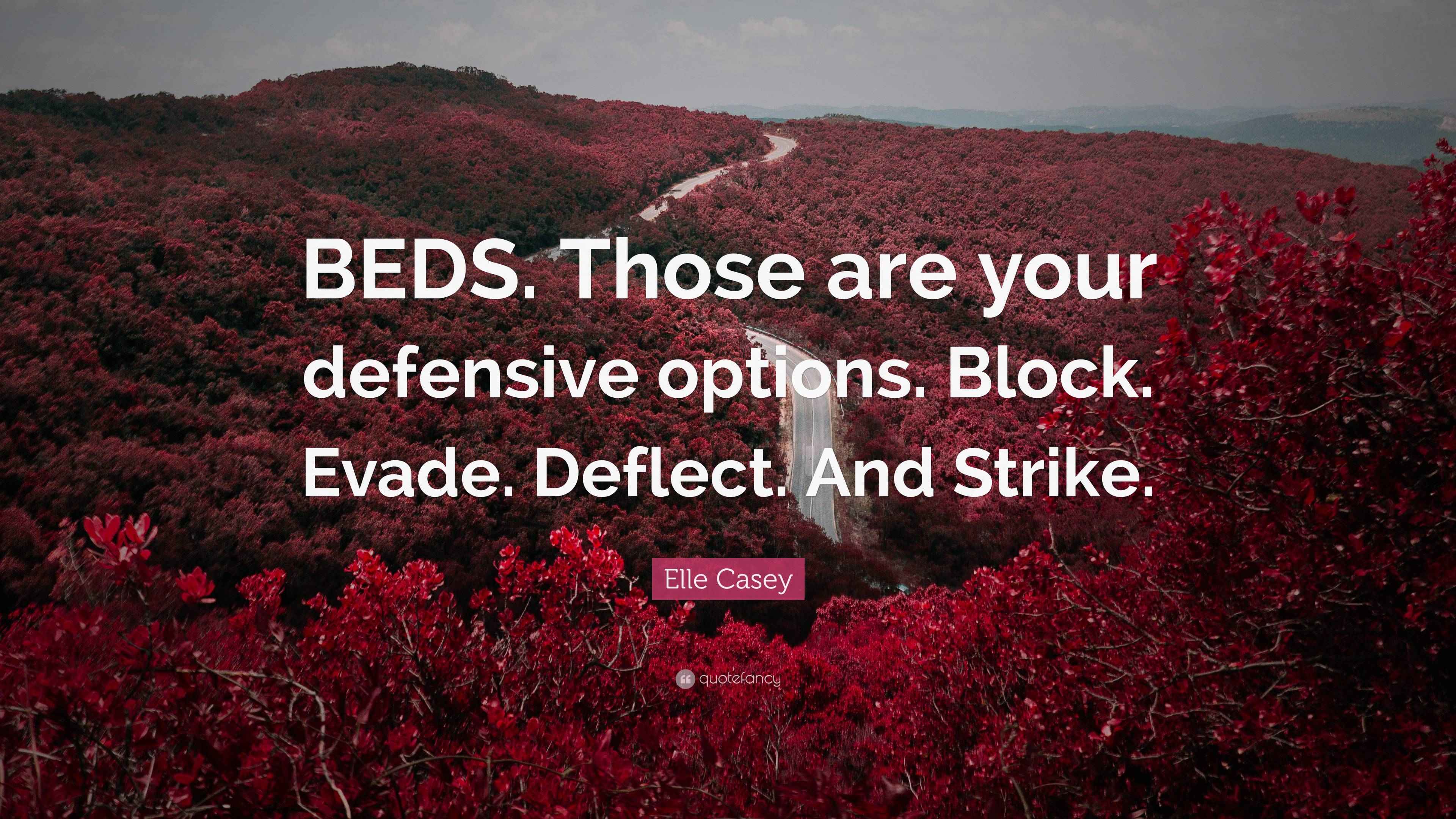 Elle Casey Quote: “BEDS. Those are your defensive options. Block. Evade ...