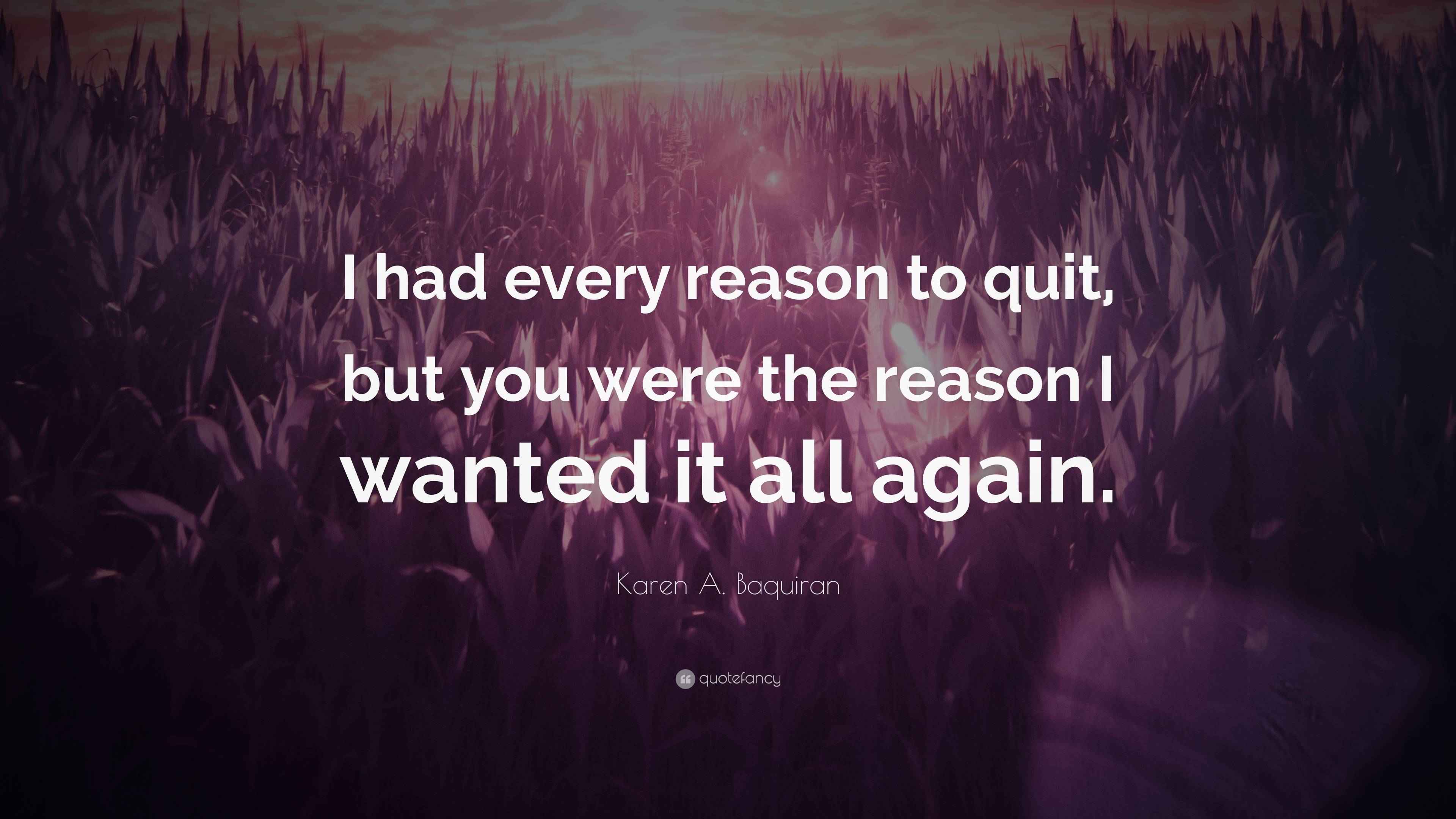 Karen A. Baquiran Quote: “I had every reason to quit, but you were the ...