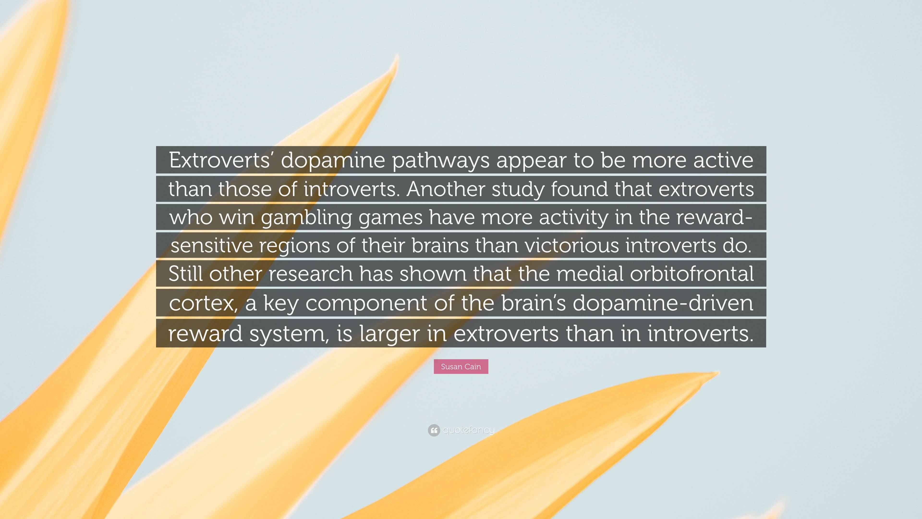 Susan Cain Quote: “Extroverts’ dopamine pathways appear to be more ...